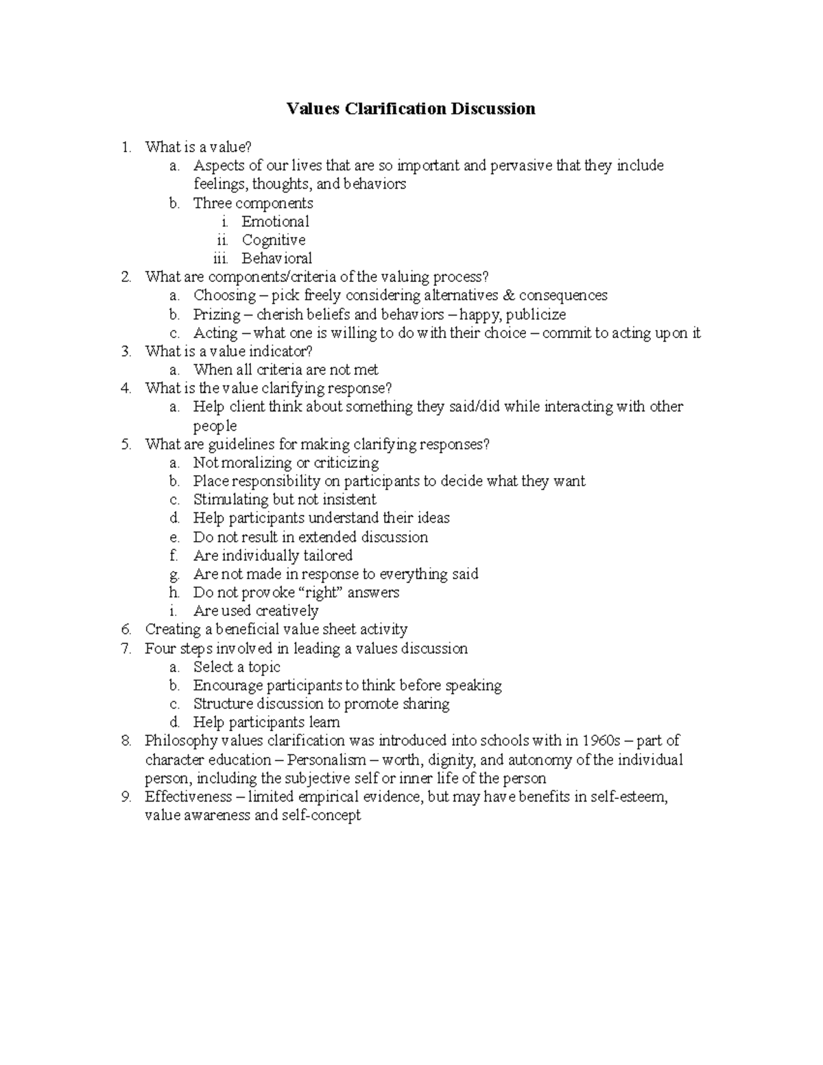 Chapter 18 Values Clarification Discussion - Values Clarification ...