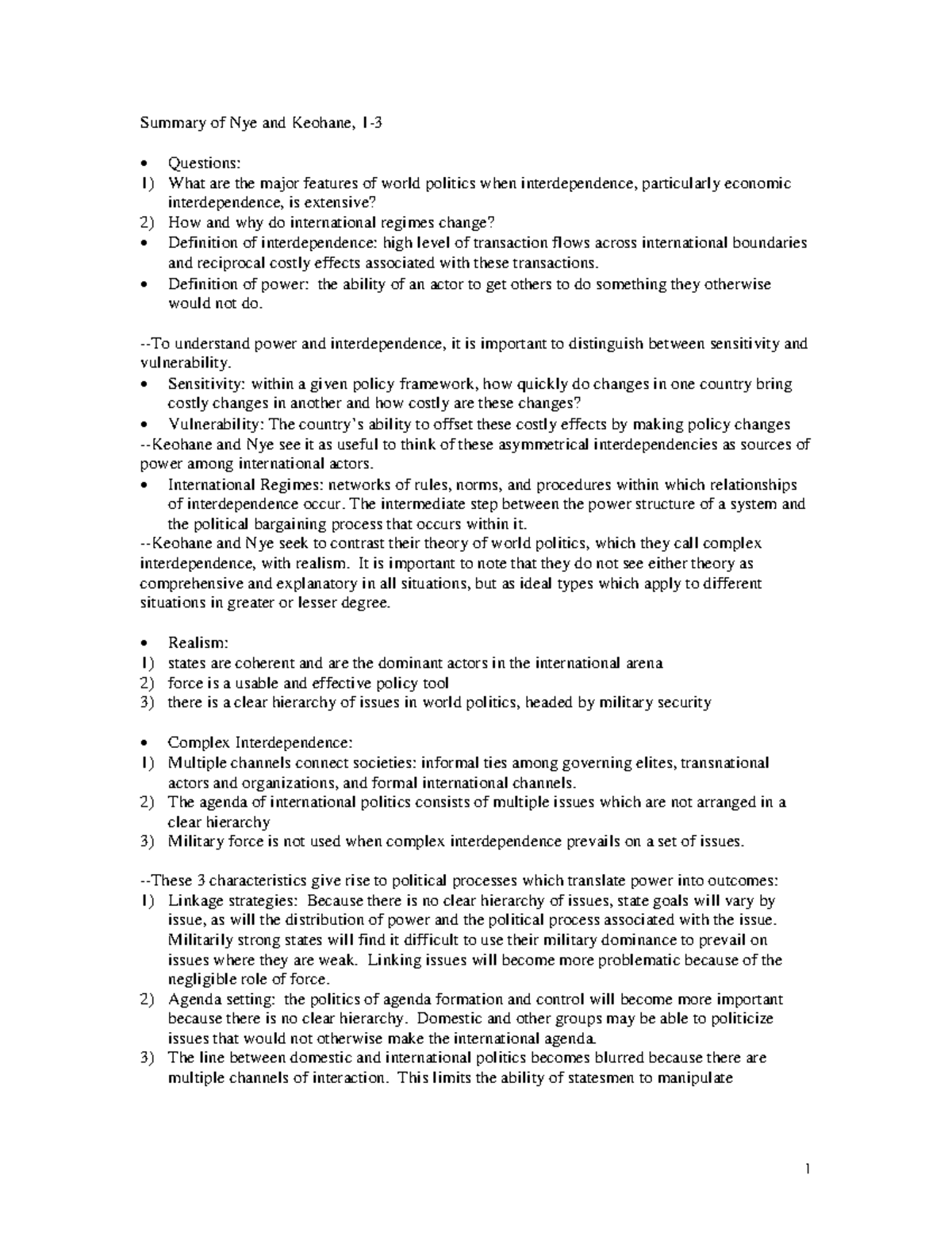 Keohane - Summary Power and Interdependence - Summary of Nye and ...