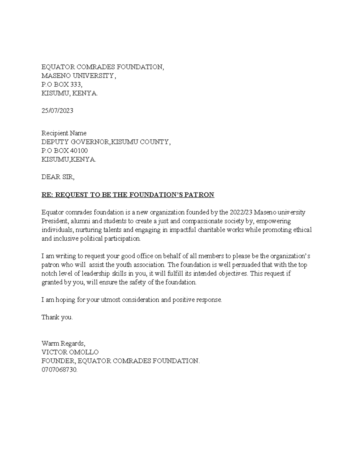 Equator Comrades Foundation Letter - EQUATOR COMRADES FOUNDATION ...