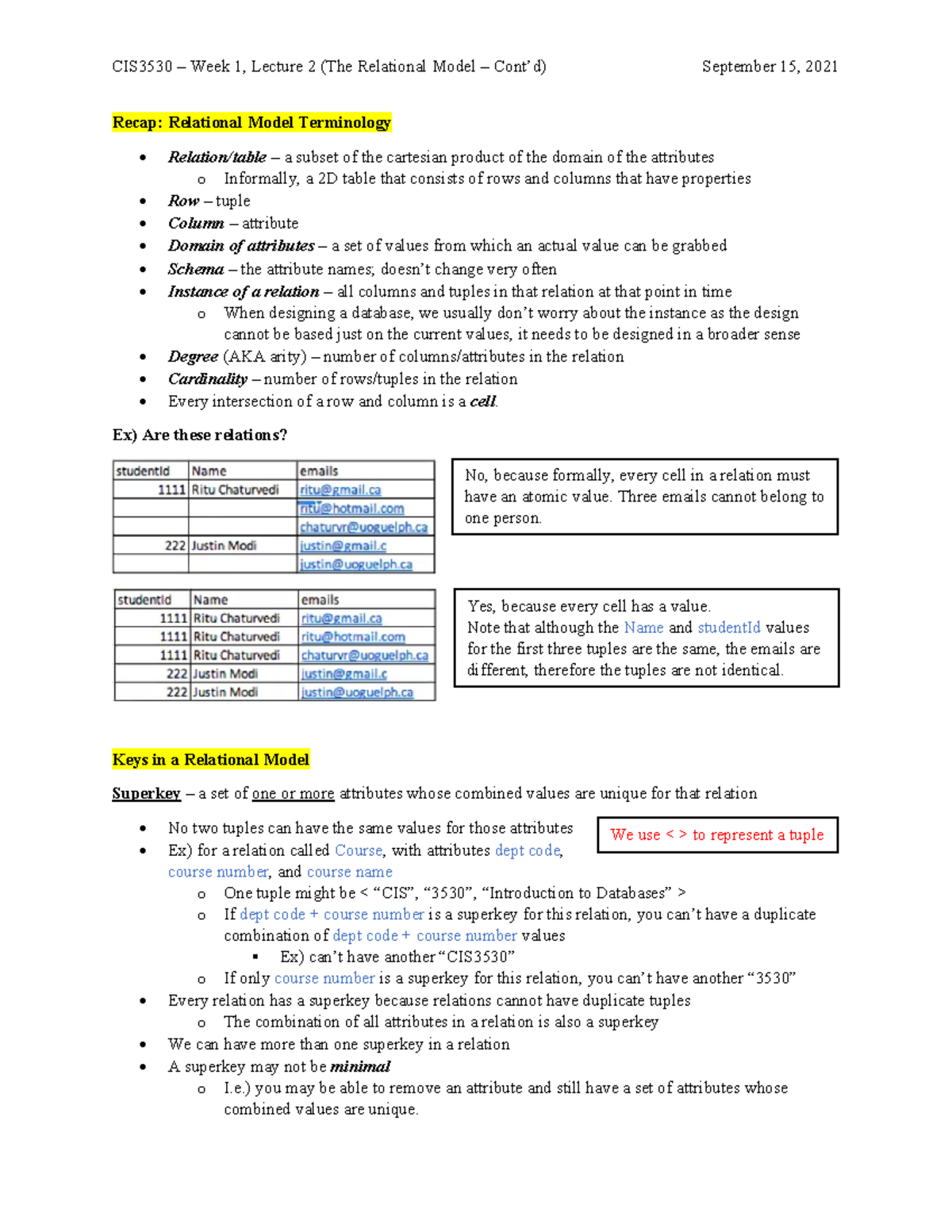 W1L2 - The Relational Model (Contd) - CIS3530 – Week 1, Lecture 2 (The Relational Model – Cont’d ...