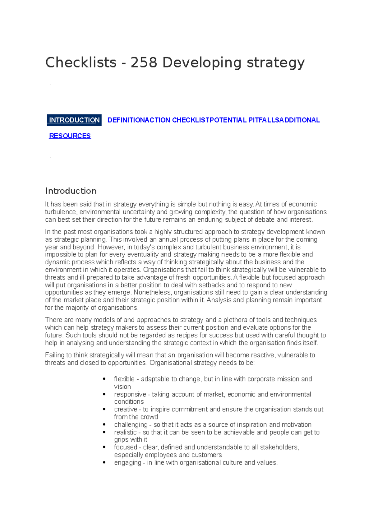 701 Key Resource - 285 Developing Strategy - Checklists - 258 ...