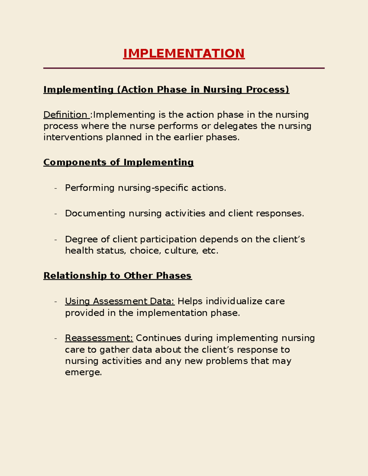Implementation - IMPLEMENTATION Implementing (Action Phase in Nursing ...