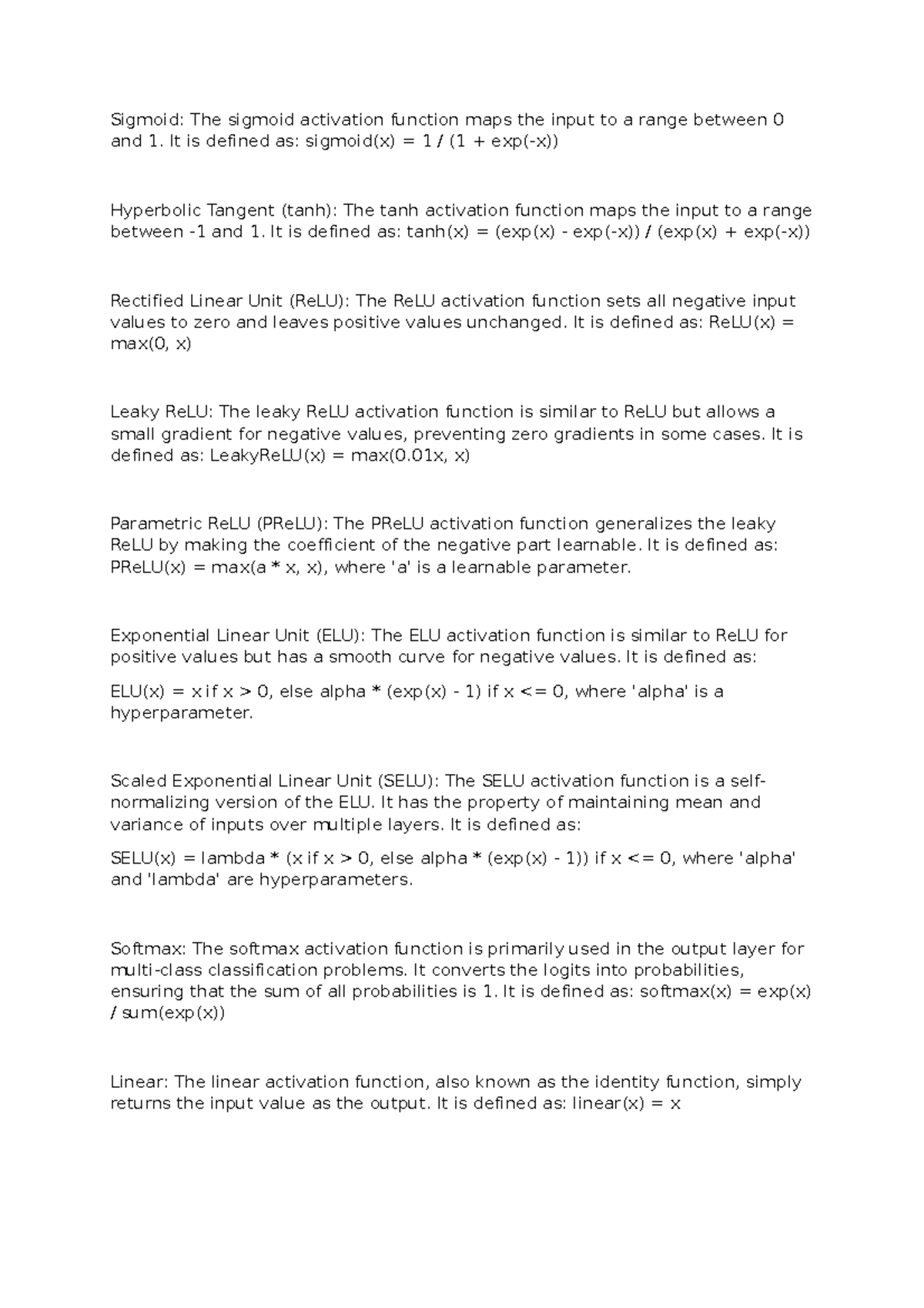 Activation functions - Introduction to Deep Learning - TUM - Studocu