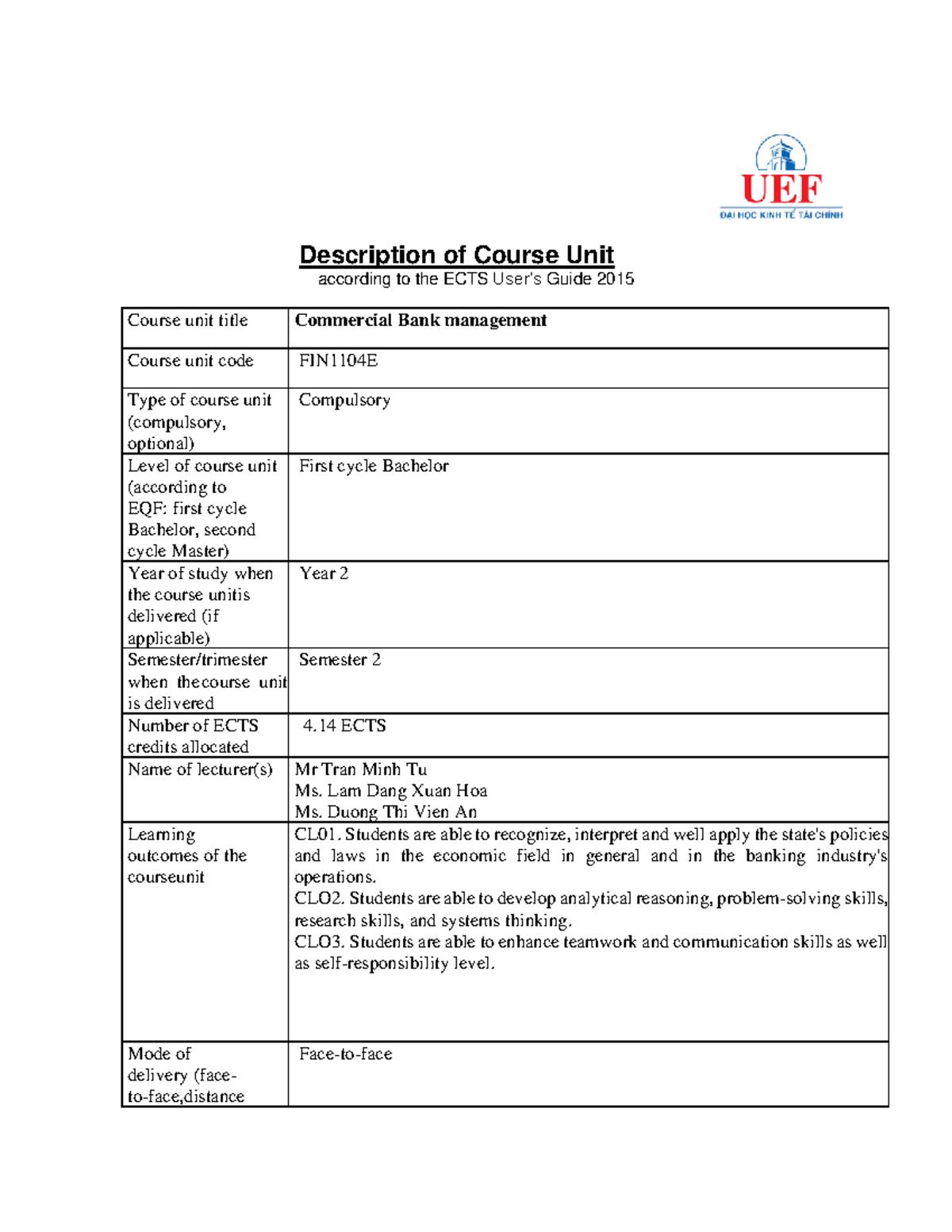 De cuong Commercial Bank management - Description of Course Unit according to the ECTS User’s ...