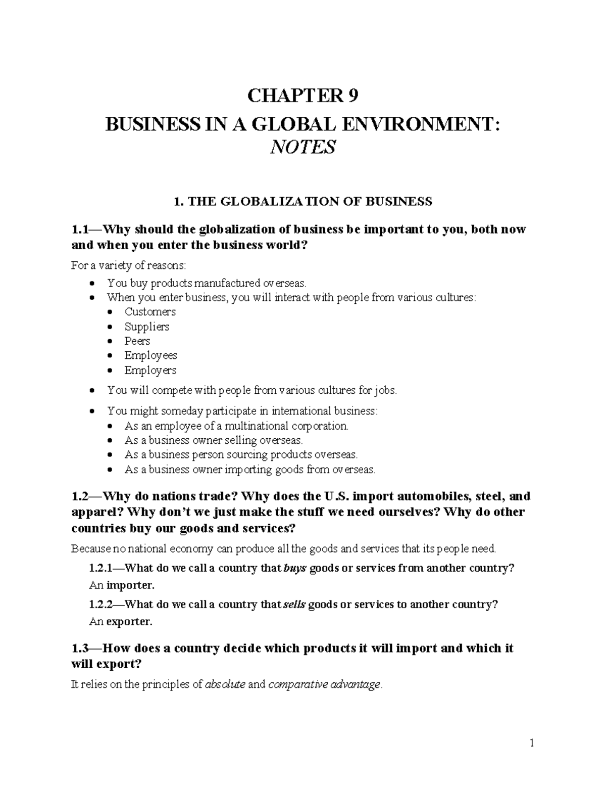 Chapter 9-Notes - busa lecture note - CHAPTER 9 BUSINESS IN A GLOBAL ...