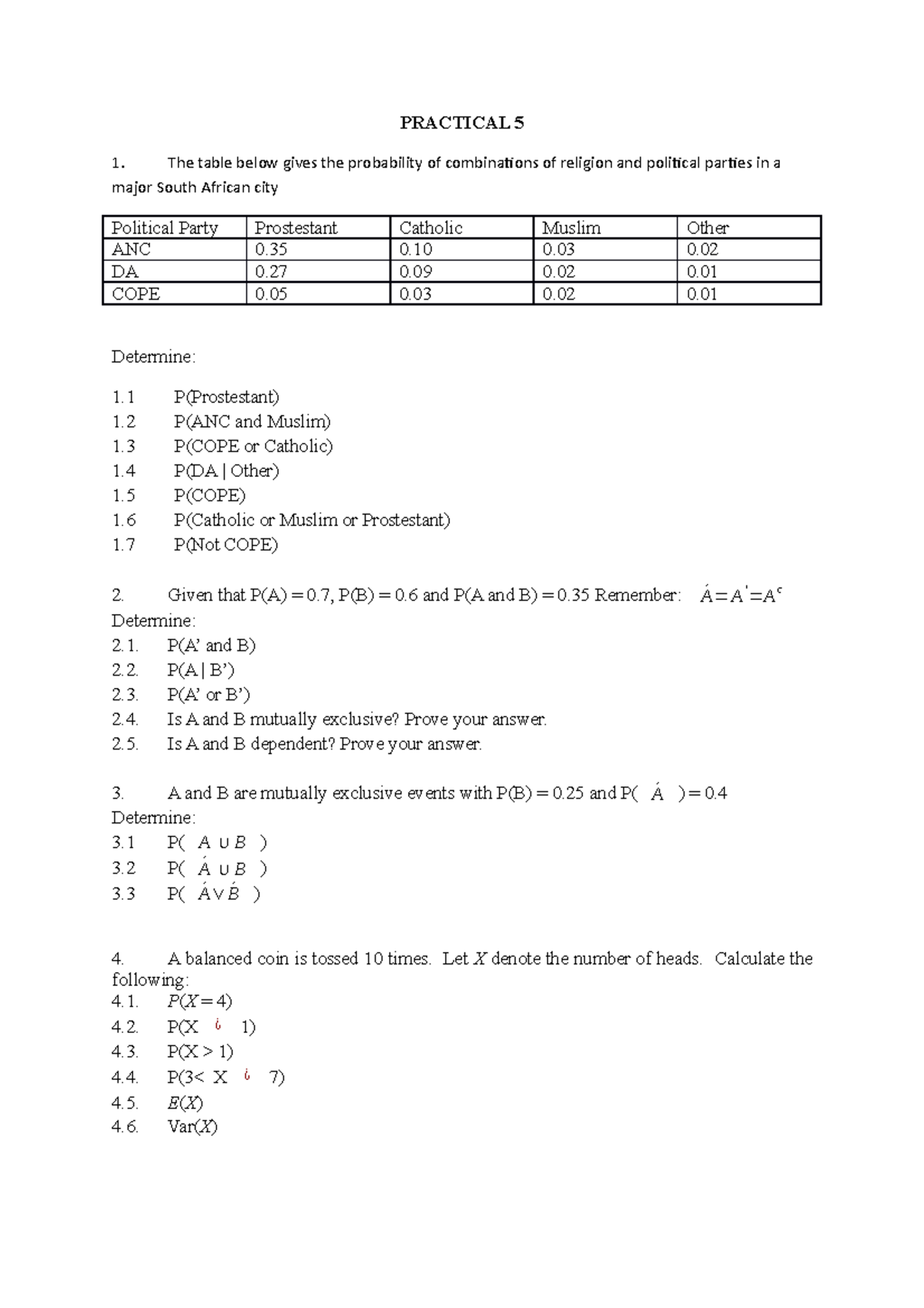 Practical 5 (1) For practice purposes - PRACTICAL 5 The table below ...