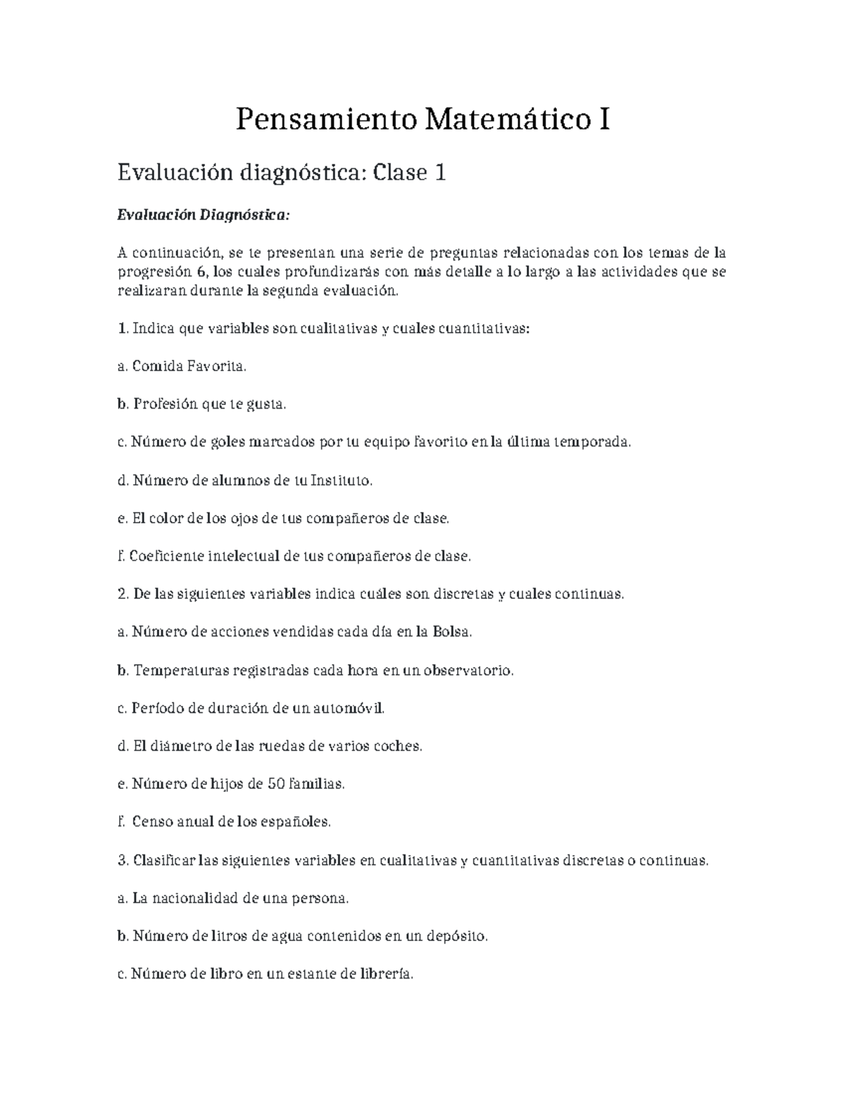 Pensamiento Matemático I - Pensamiento Matemático I Evaluación ...