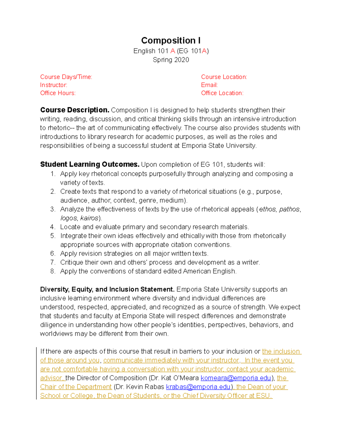 Syllabus Template EG101 Accessible 20Spring - Composition I English 101 ...