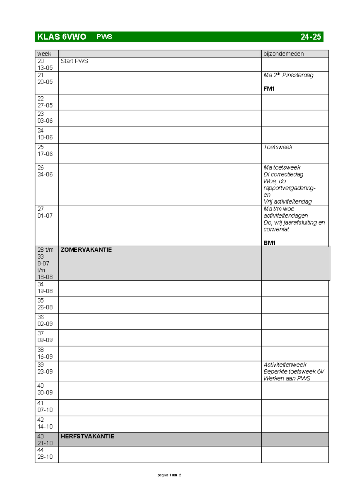 Planner PWS biologie 2024 2025 - KLAS 6VWO PWS 24- week bijzonderheden ...