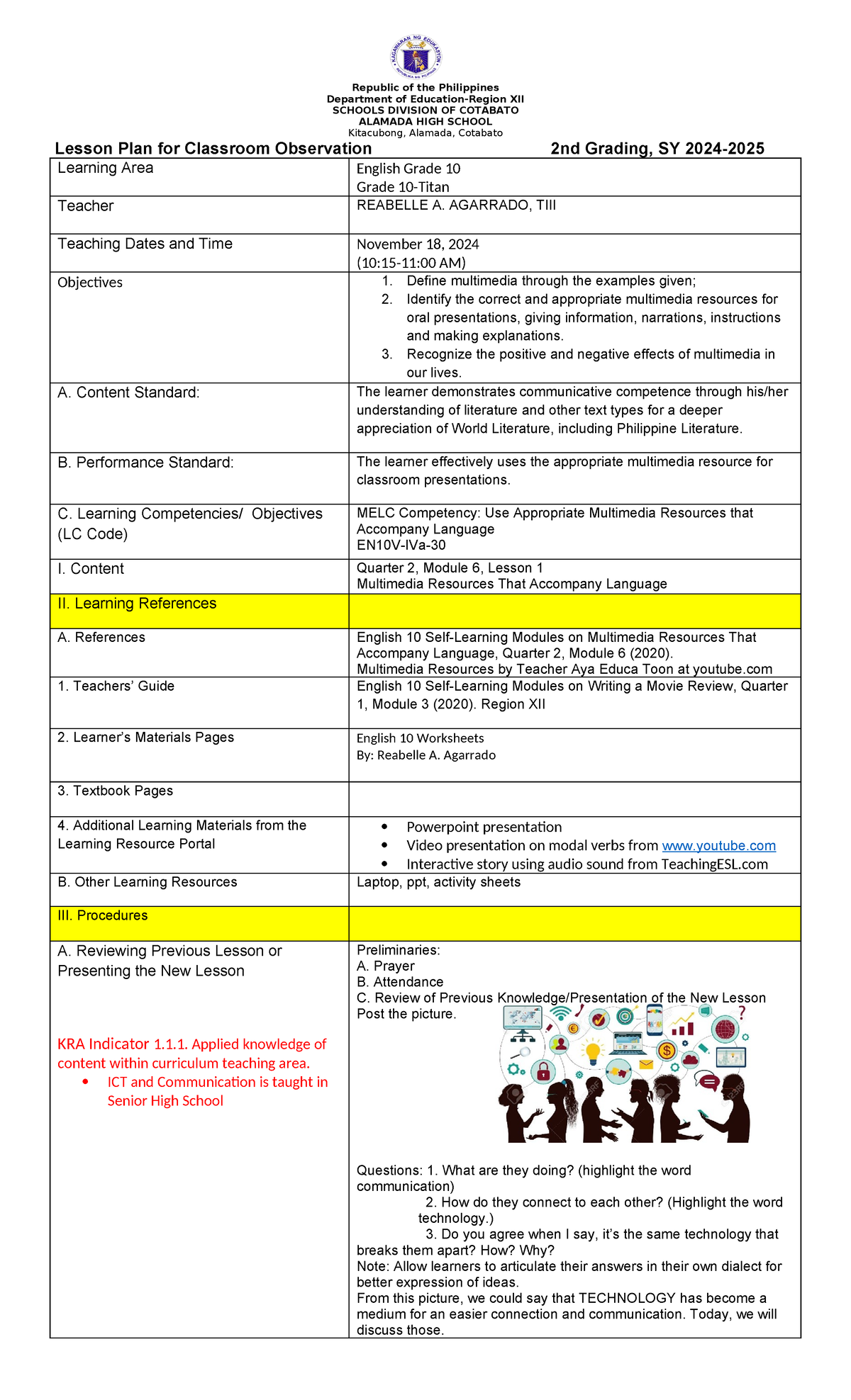 2nd Quarter Lesson Plan COT Lesson Plan - Republic of the Philippines ...