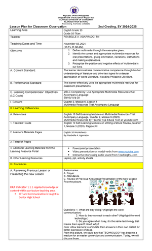 First Quarter Lesson Plan COT - Republic of the Philippines Department ...