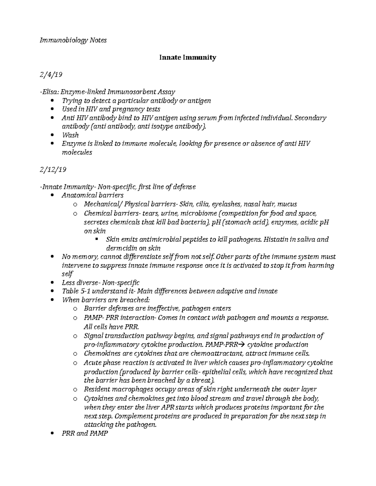 Innate Immunity Notes - Immunobiology Notes Innate Immunity 2/4/ -Elisa ...