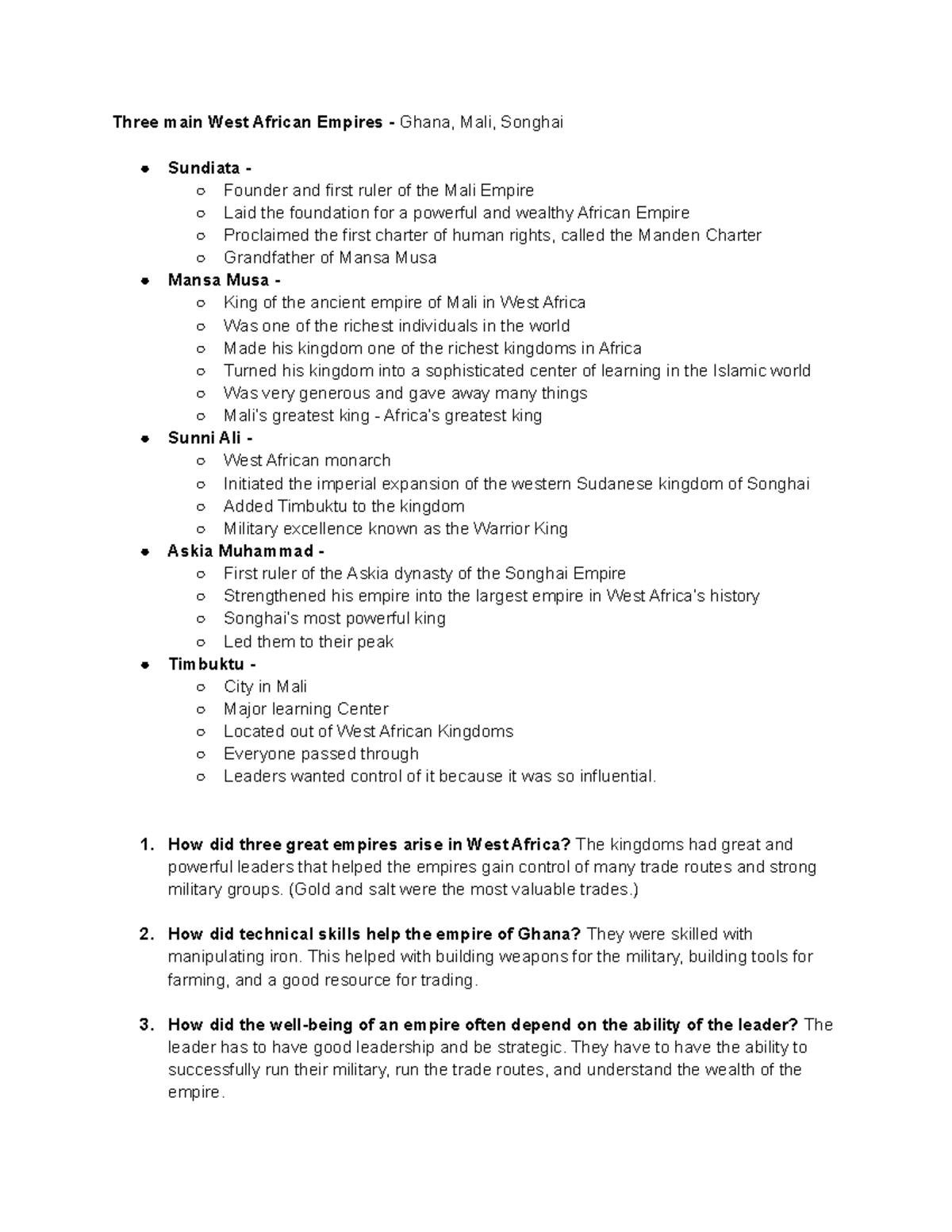 History - Africa Notes - Three main West African Empires - Ghana, Mali ...