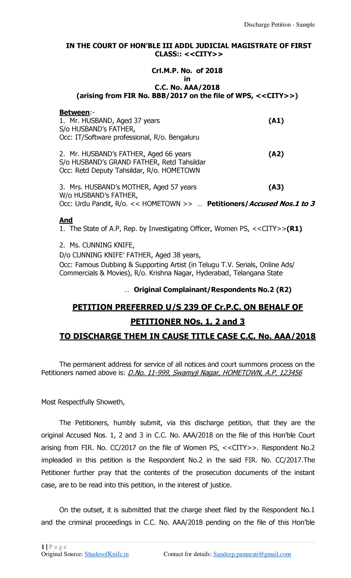 Discharge Petition under Sec 239 Cr PC in Sec 498A case - 1 | P a g e ...