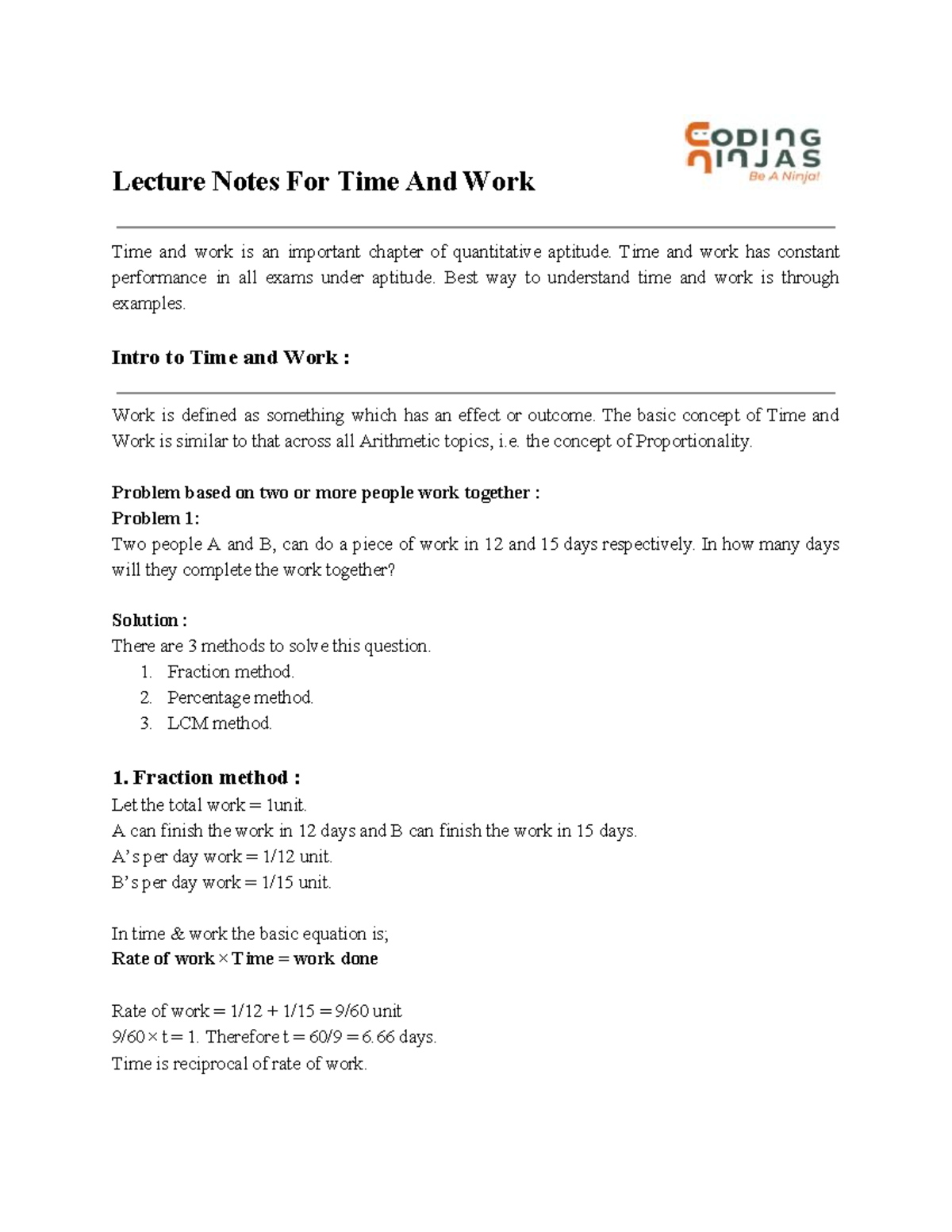 Time and work - Lecture Notes For Time And Work Time and work is an ...