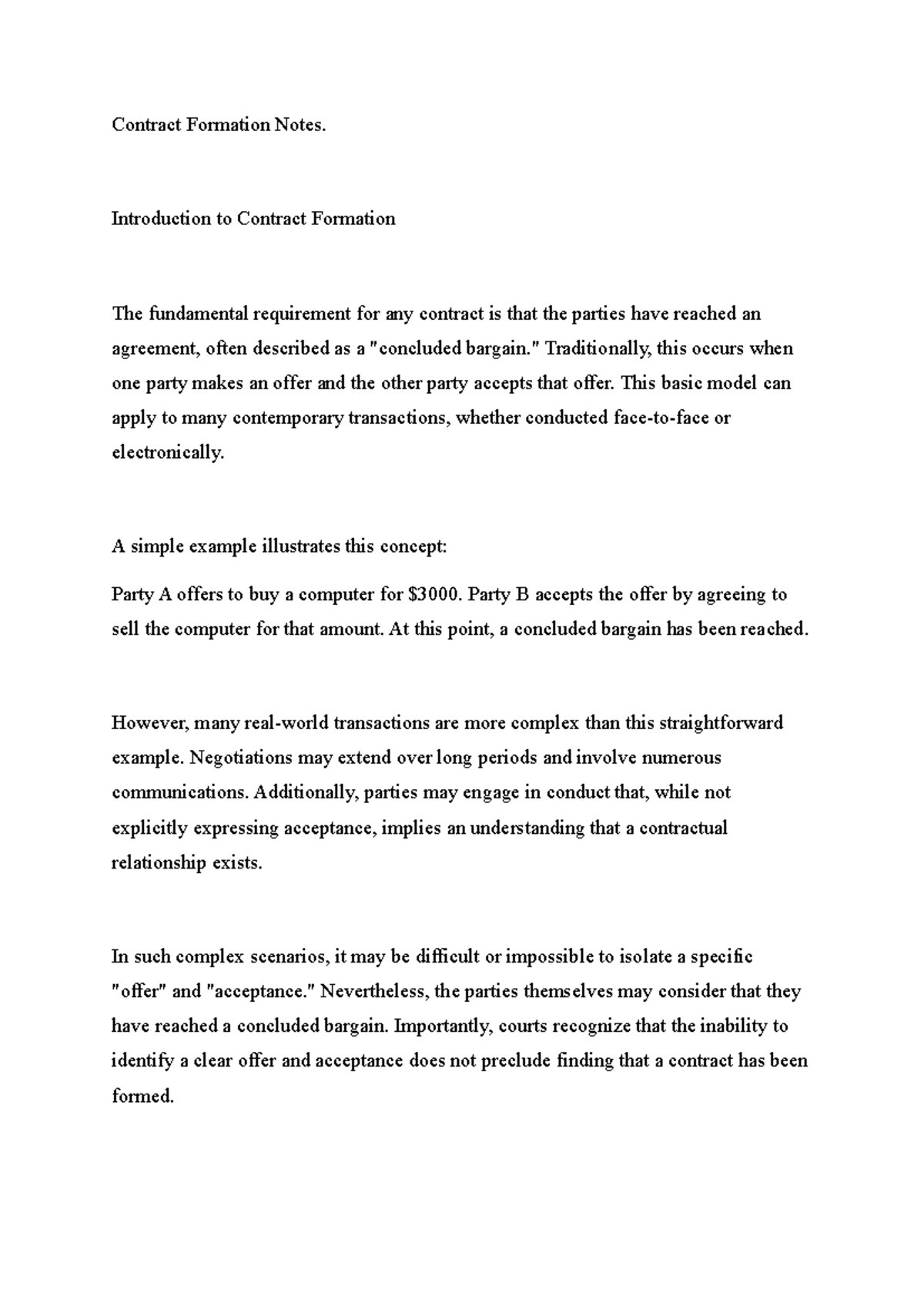 Contract Formation Notes - Introduction to Contract Formation The ...