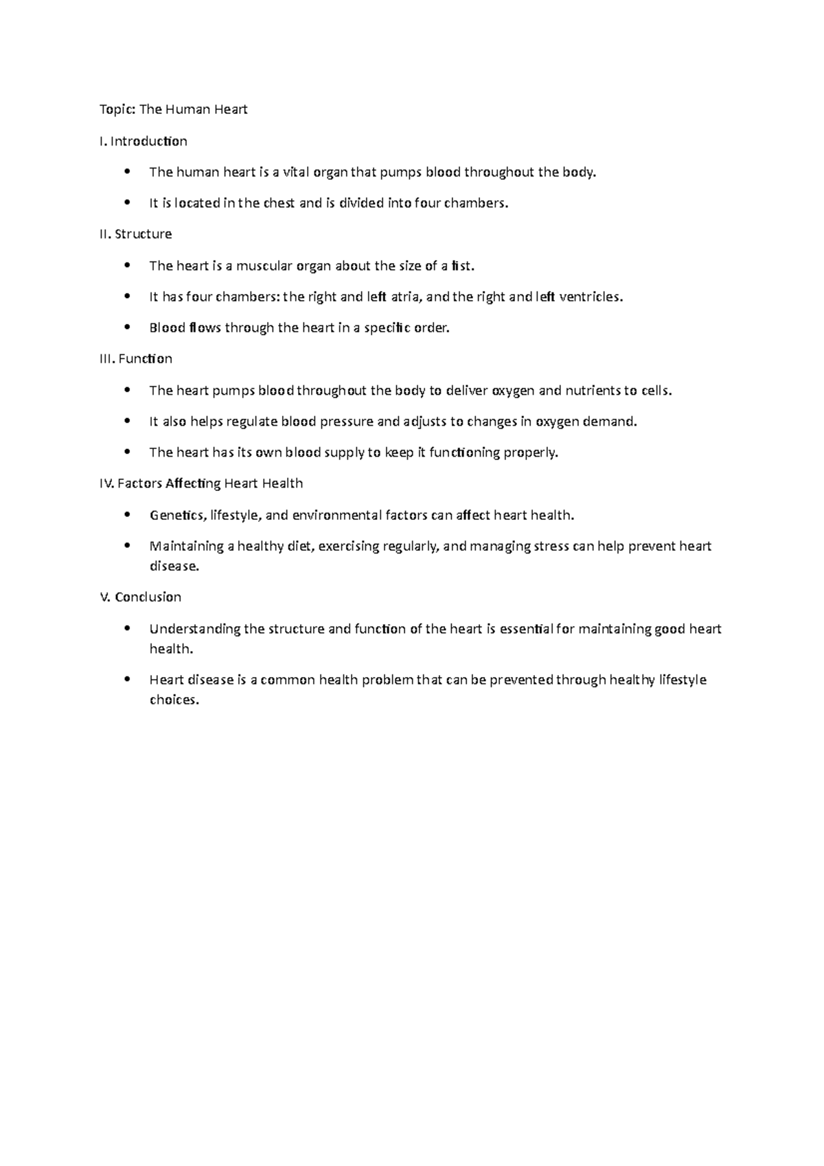 Human heart simple notes - Topic: The Human Heart I. Introduction The ...