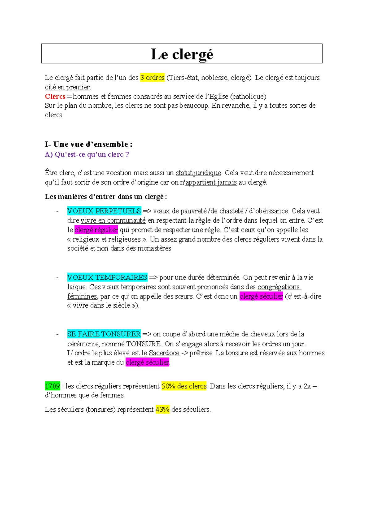 Cours magistral - Le clergé fait partie de l’un des 3 ordres (Tiers ...