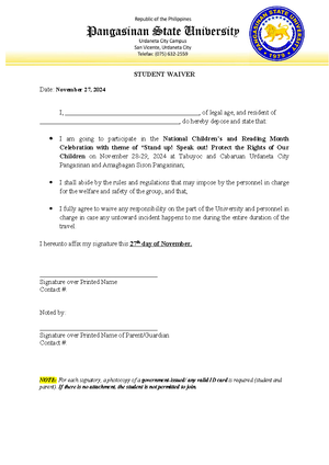 Waiver-Template - None - STUDENT WAIVER Date: July 03, 2023 I, , of ...