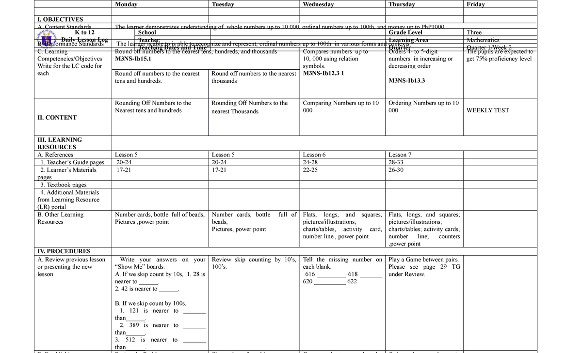 DLL MATH 3 Q1-WEEK 2 - Lesson Plan lesson plan. I hope it's help all of ...