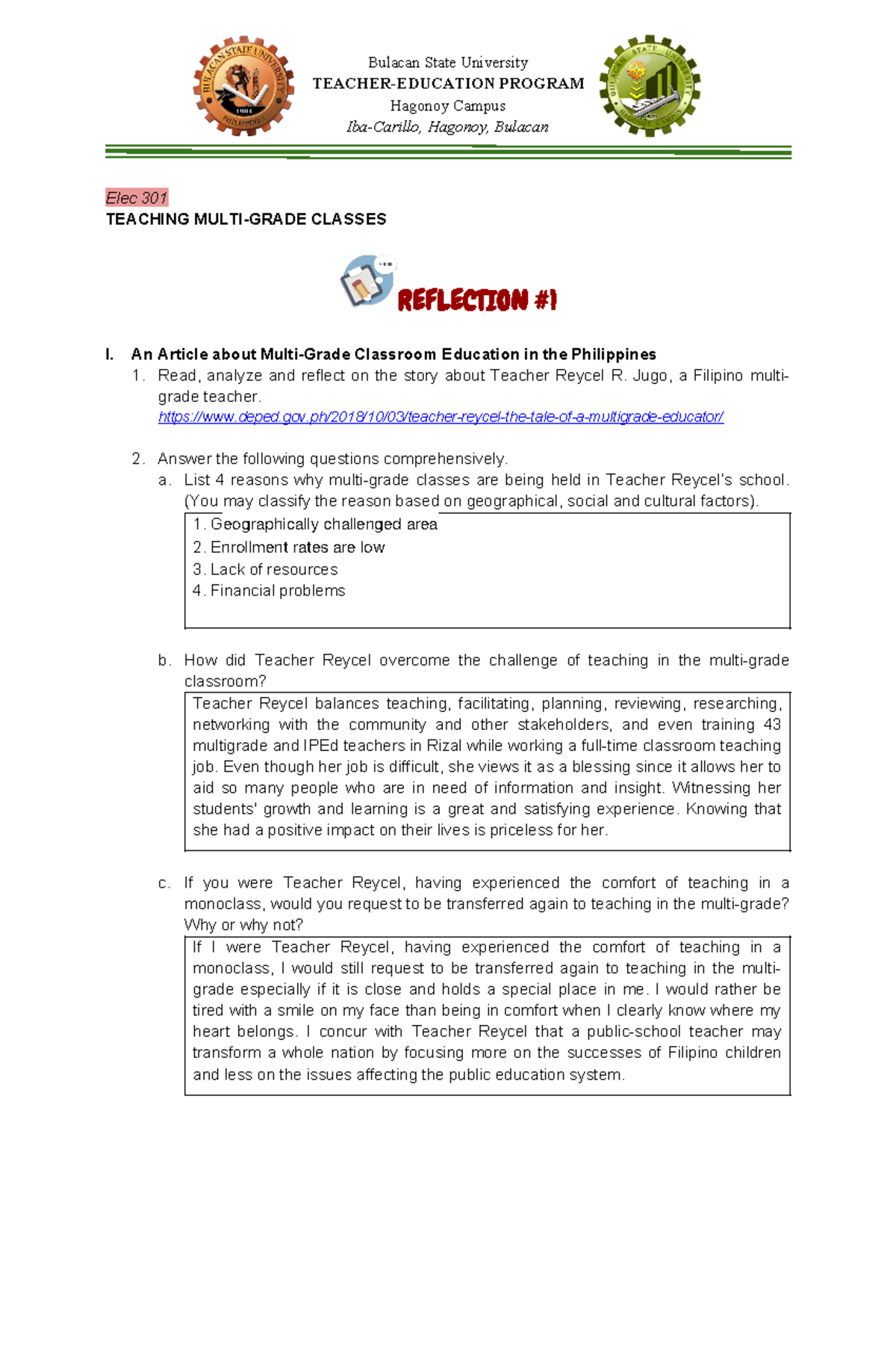 Reflection- 1-Elec-301-1Ali Joyce Balingit - Bulacan State University ...