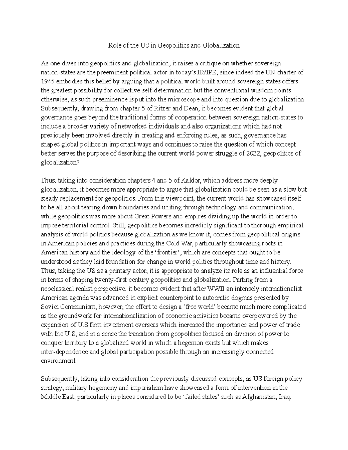 Analysis of role of US in geopolitics and globalization - Role of the ...