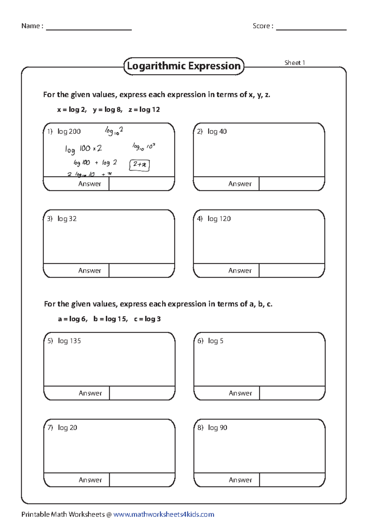 Algebraic-expression-all - Sheet 1 Logarithmic Expression ☎ ☛ ☞ - Studocu