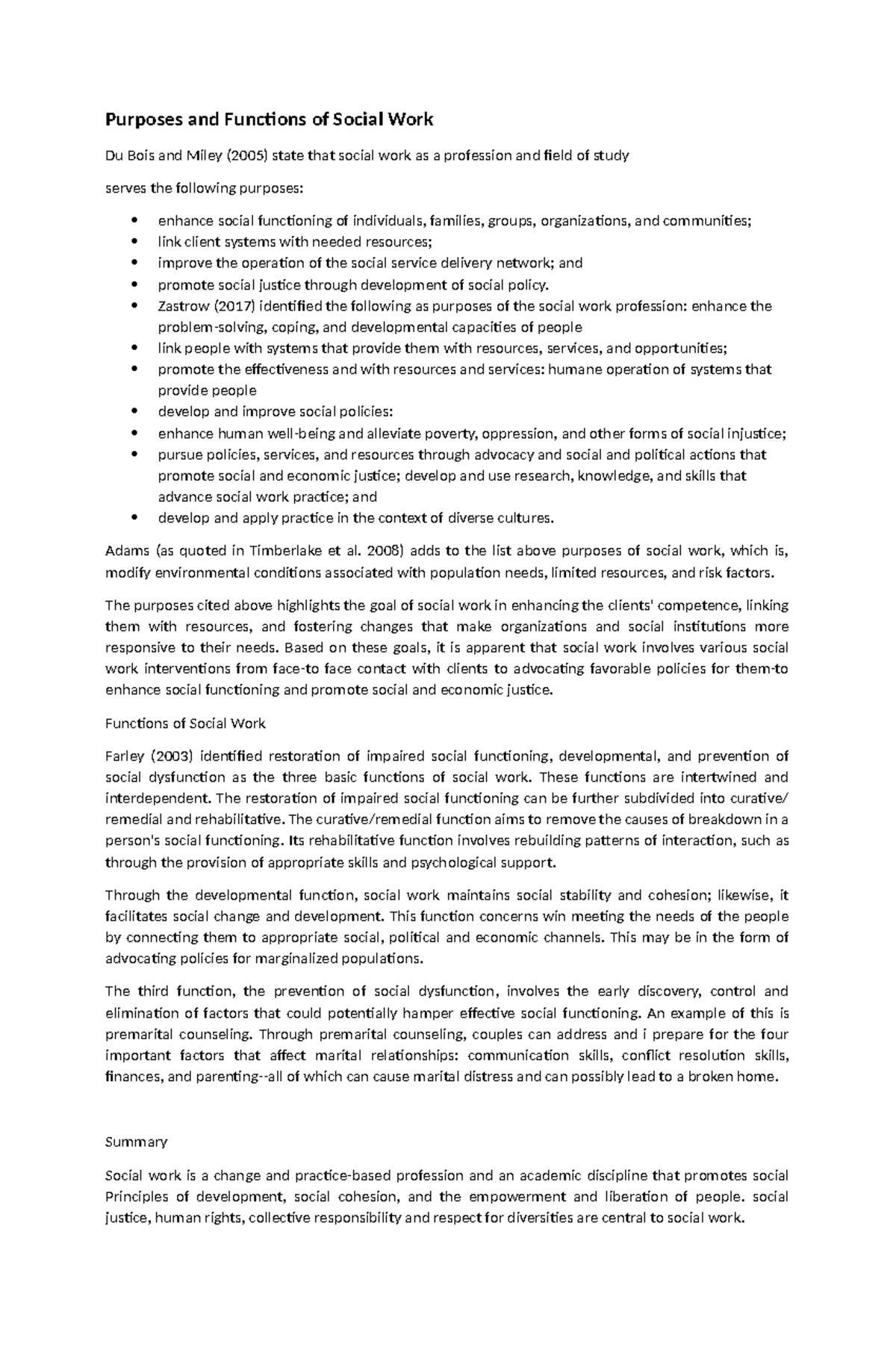 Purposes and Functions of Social Work - Zastrow (2017) identified the ...