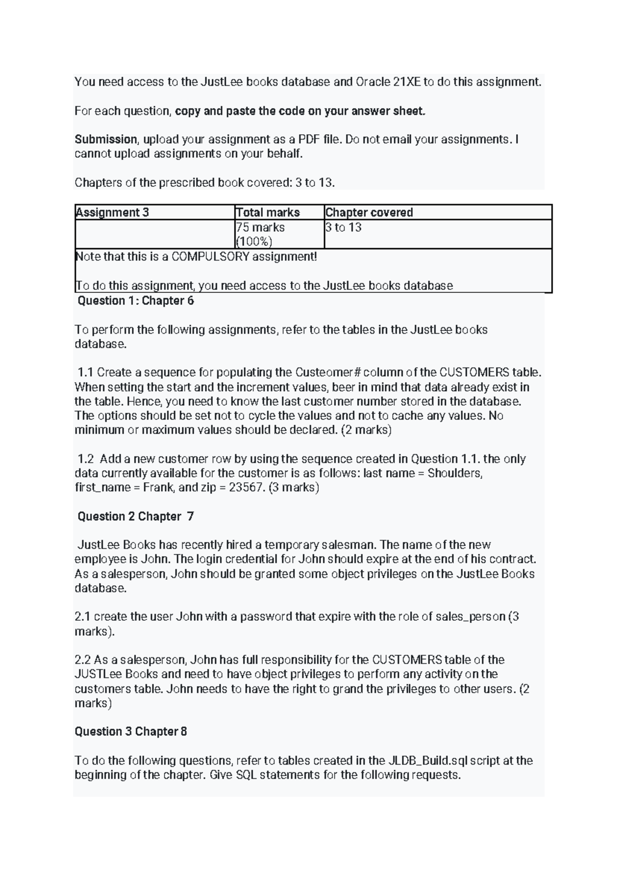INF3707 practice Assignment Questions and Answers - You need access to the JustLee books ...