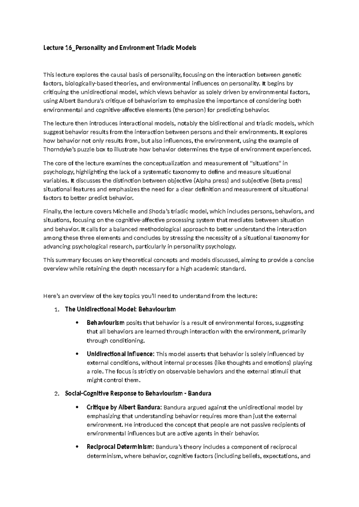 Lecture 16 Personality and Environment Triadic Models - It begins by ...