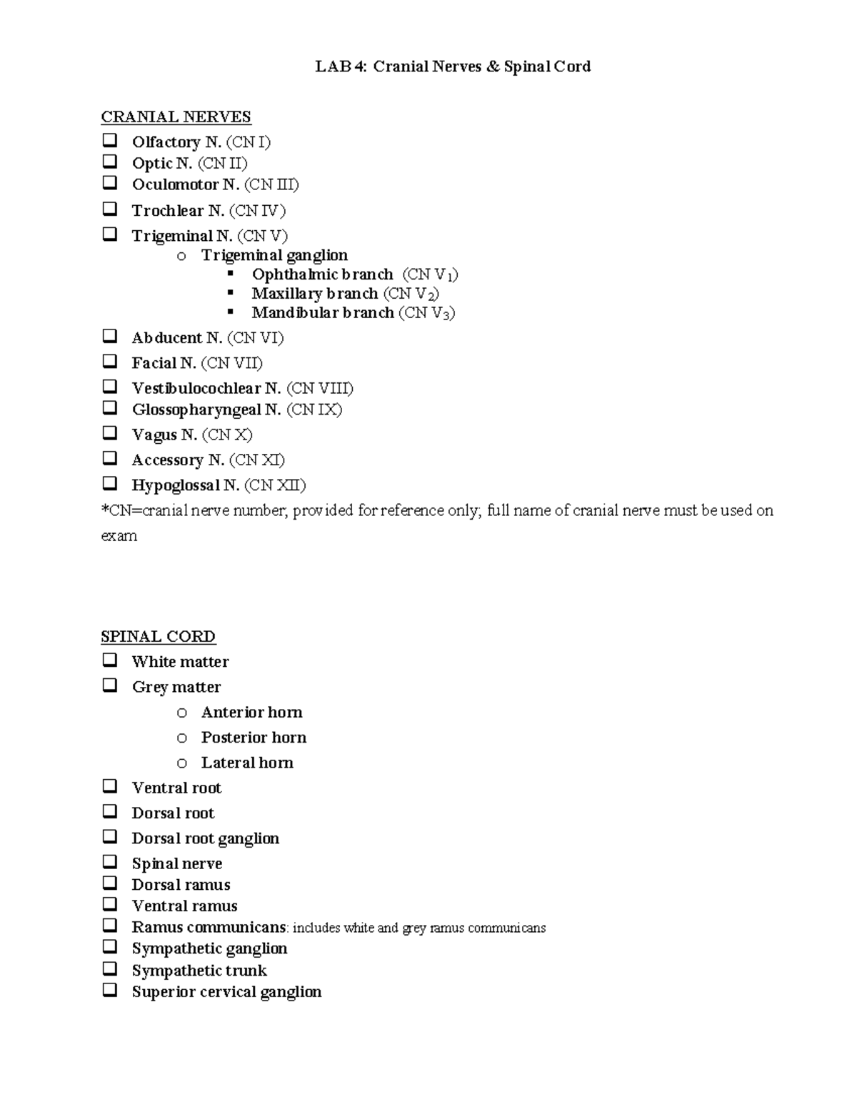 Lab4 Structure List - LAB 4: Cranial Nerves & Spinal Cord CRANIAL ...