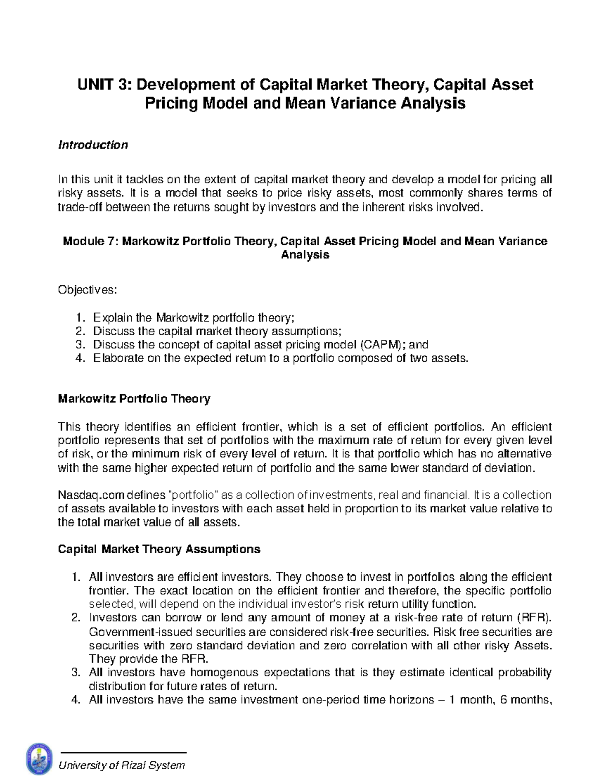 Module-7-CAPM - Module additional information - UNIT 3: Development of Capital Market Theory ...