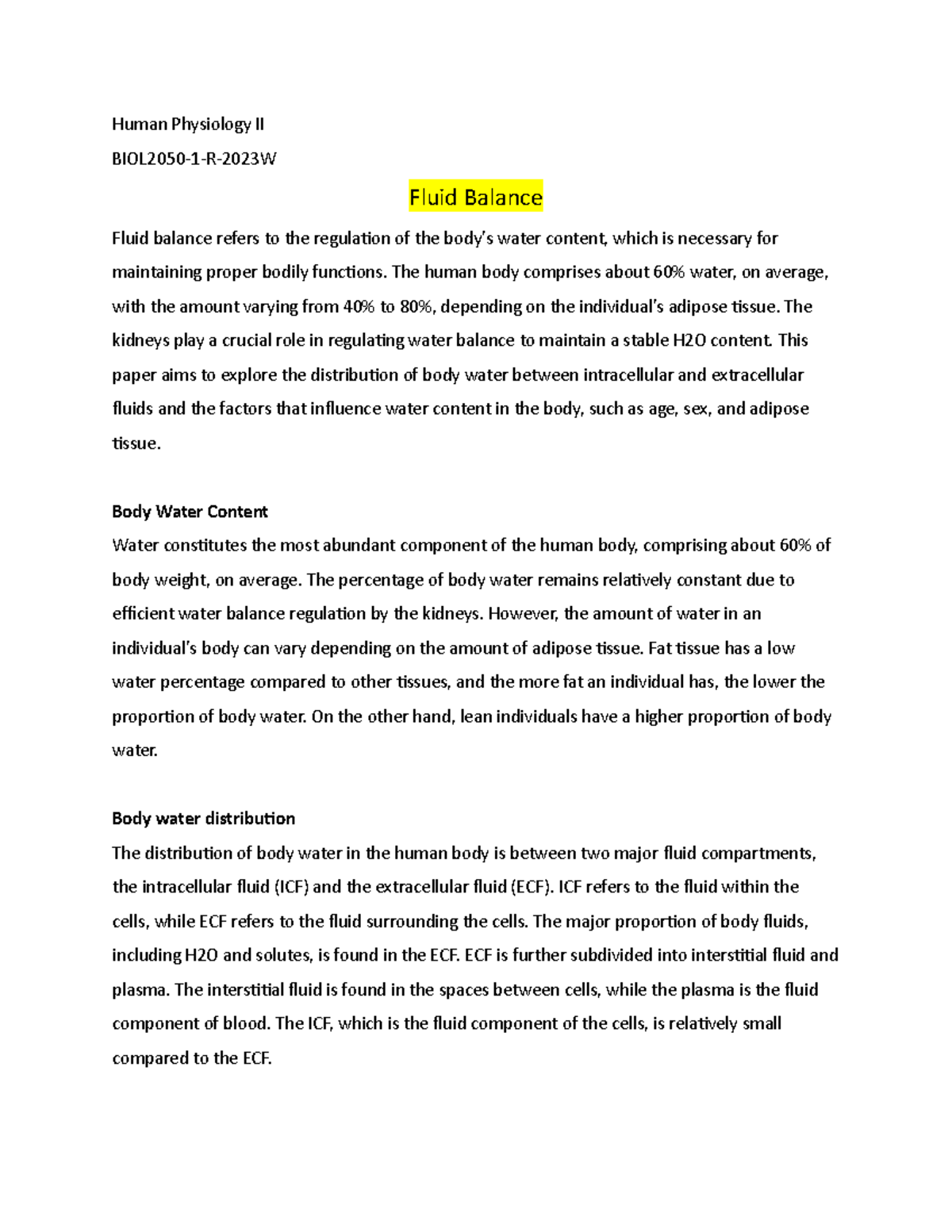 Human Physiology II Fluid Balance - Human Physiology II BIOL2050-1-R ...