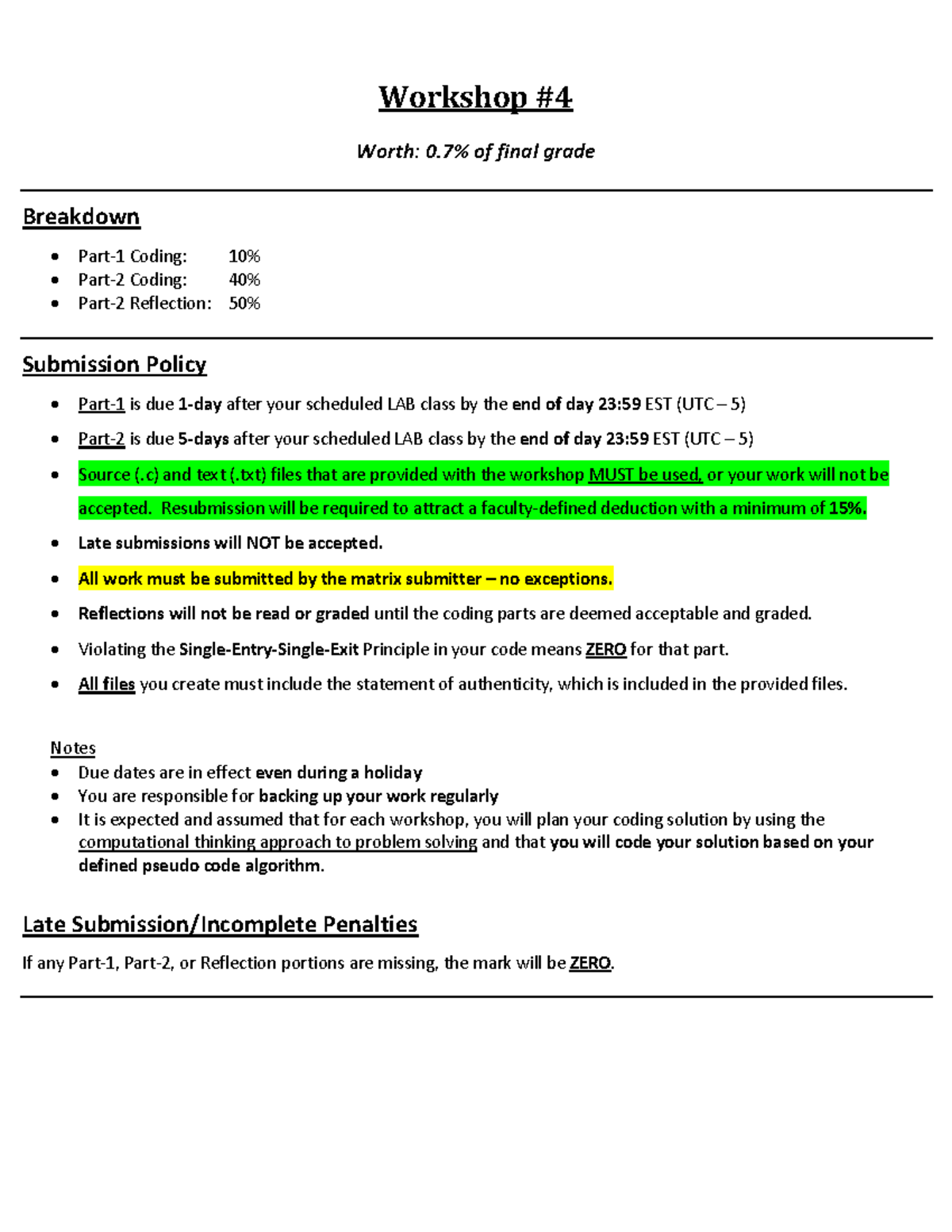 Workshop 04 - Workshop Worth: 0% of final grade Breakdown Part- 1 Coding: 10% Part- 2 Coding: 40 ...