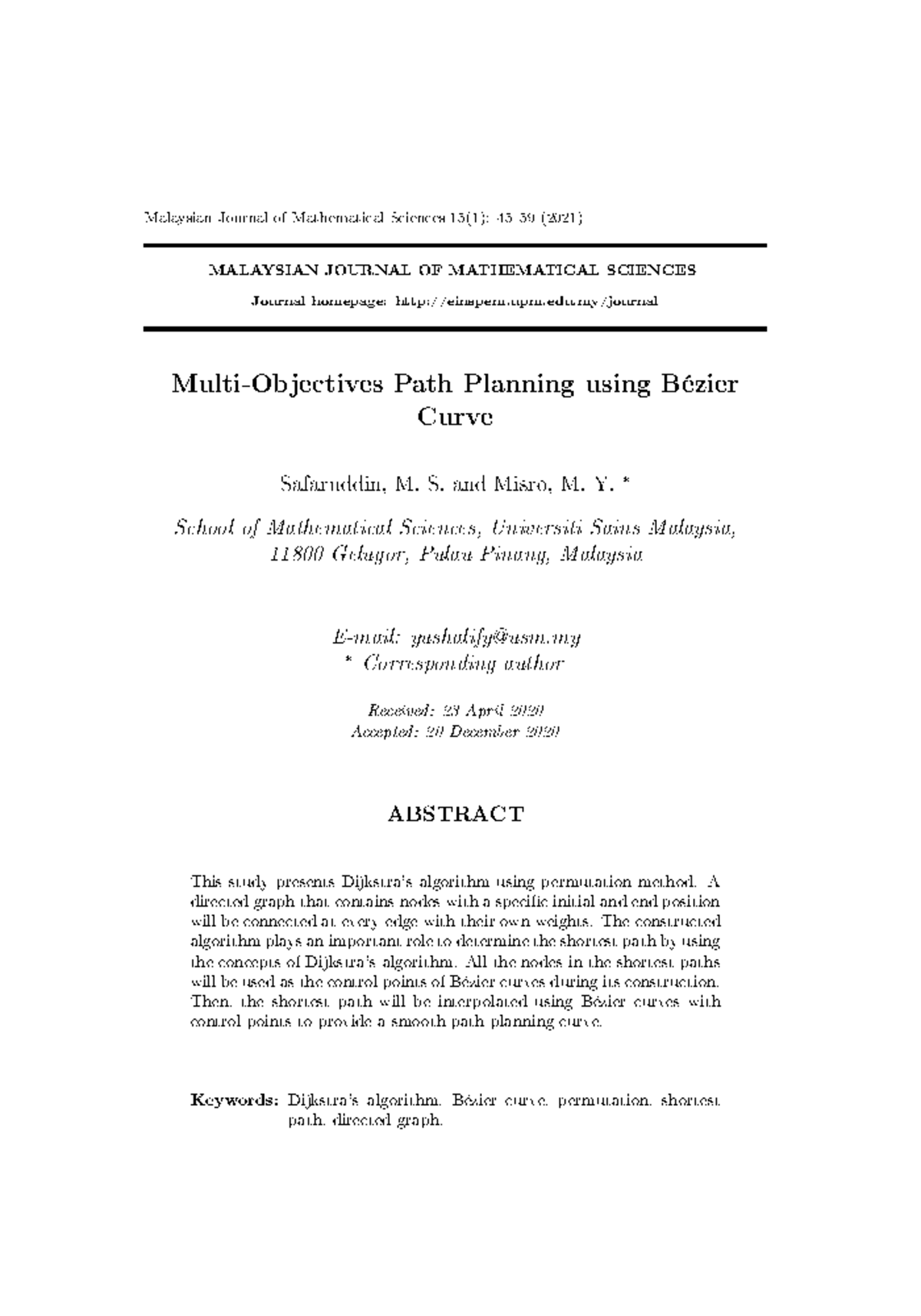 Multi-Objectives Path Planning using Bezier Curve - ②s ♥ ♦ r♥ ♦ t ♠ t ♥ ...