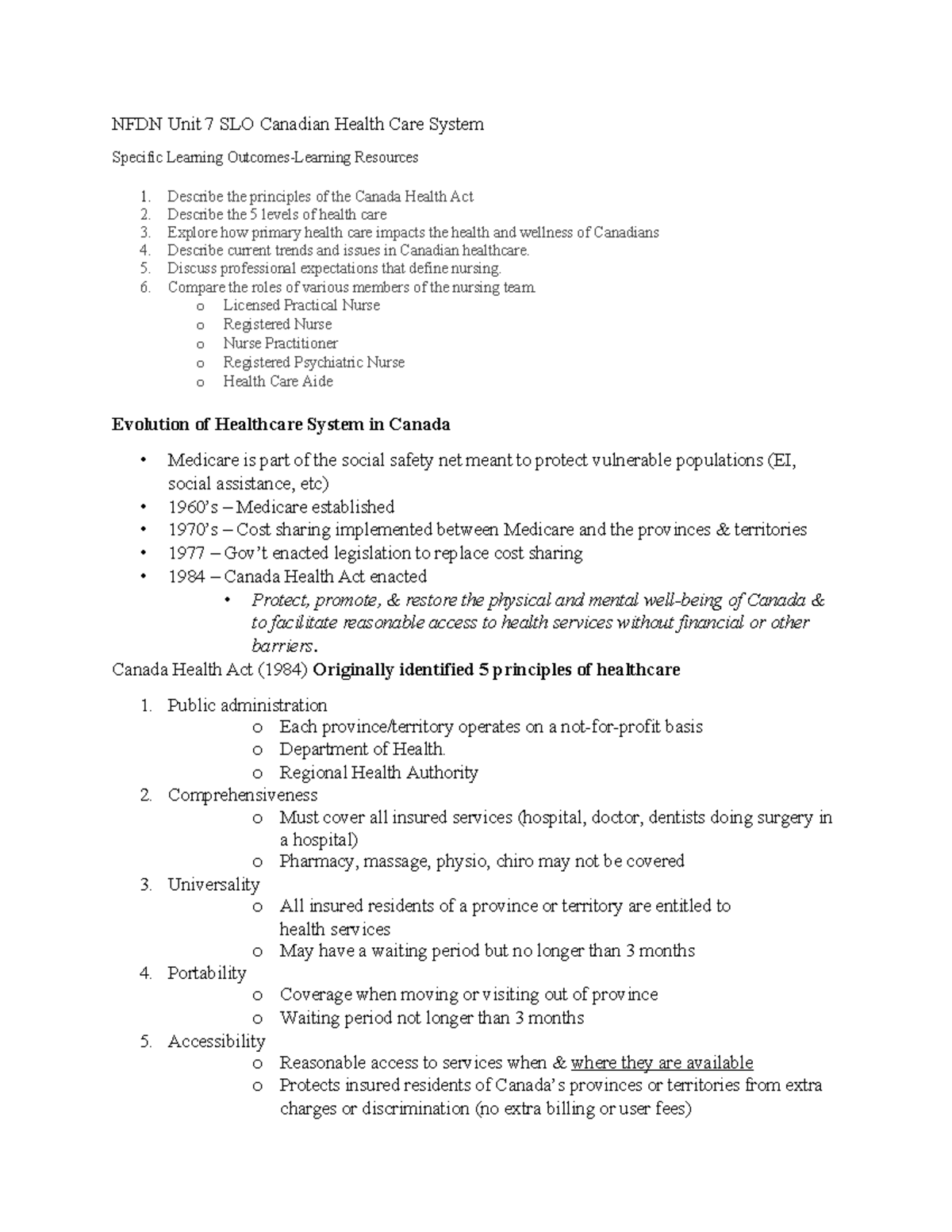 NFDN Unit 7 SLO Canadian Health Care System - Describe the principles ...