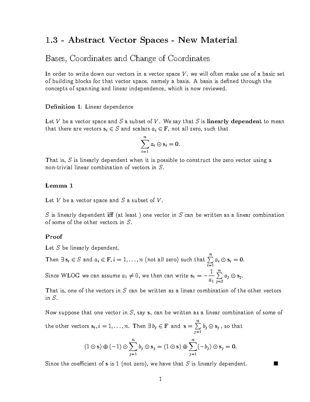 CH 1.3Abs Vect Sp New Material - 1 - Abstract Vector Spaces - New ...