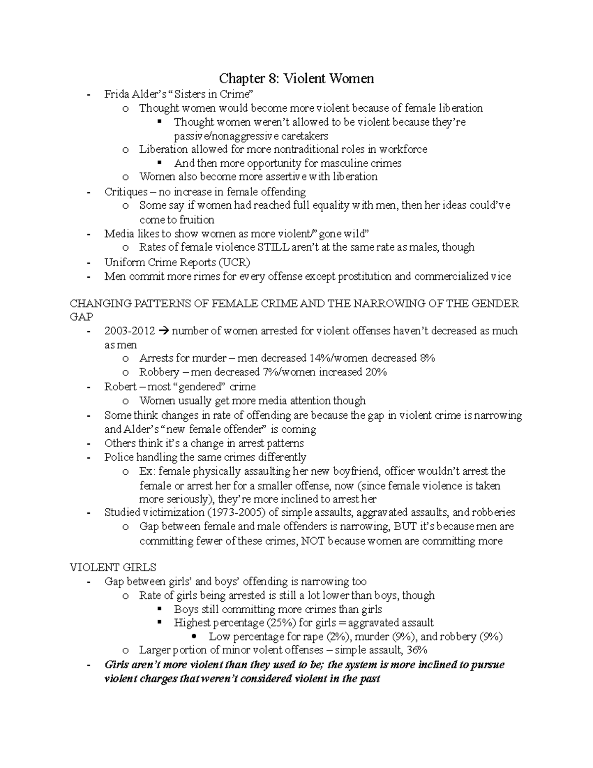 CJ 372 Chapter 8 Reading Outline - Chapter 8: Violent Women - Frida ...