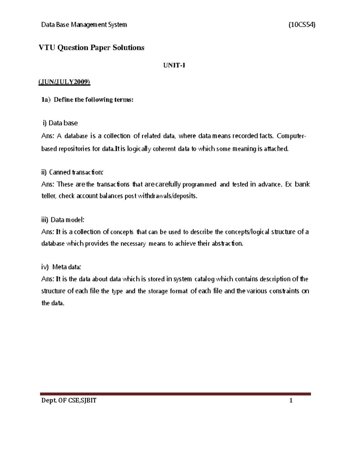 Cse v database management systems 10cs54 solution - VTU Question Paper ...