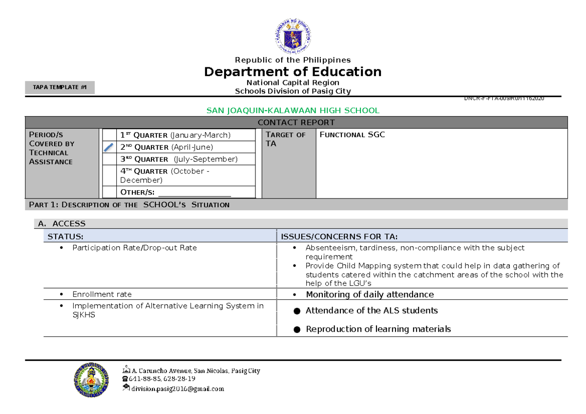 Sjkhs 2nd Quarter TAPA Template 1 2024 School Situation - TAPA TEMPLATE ...