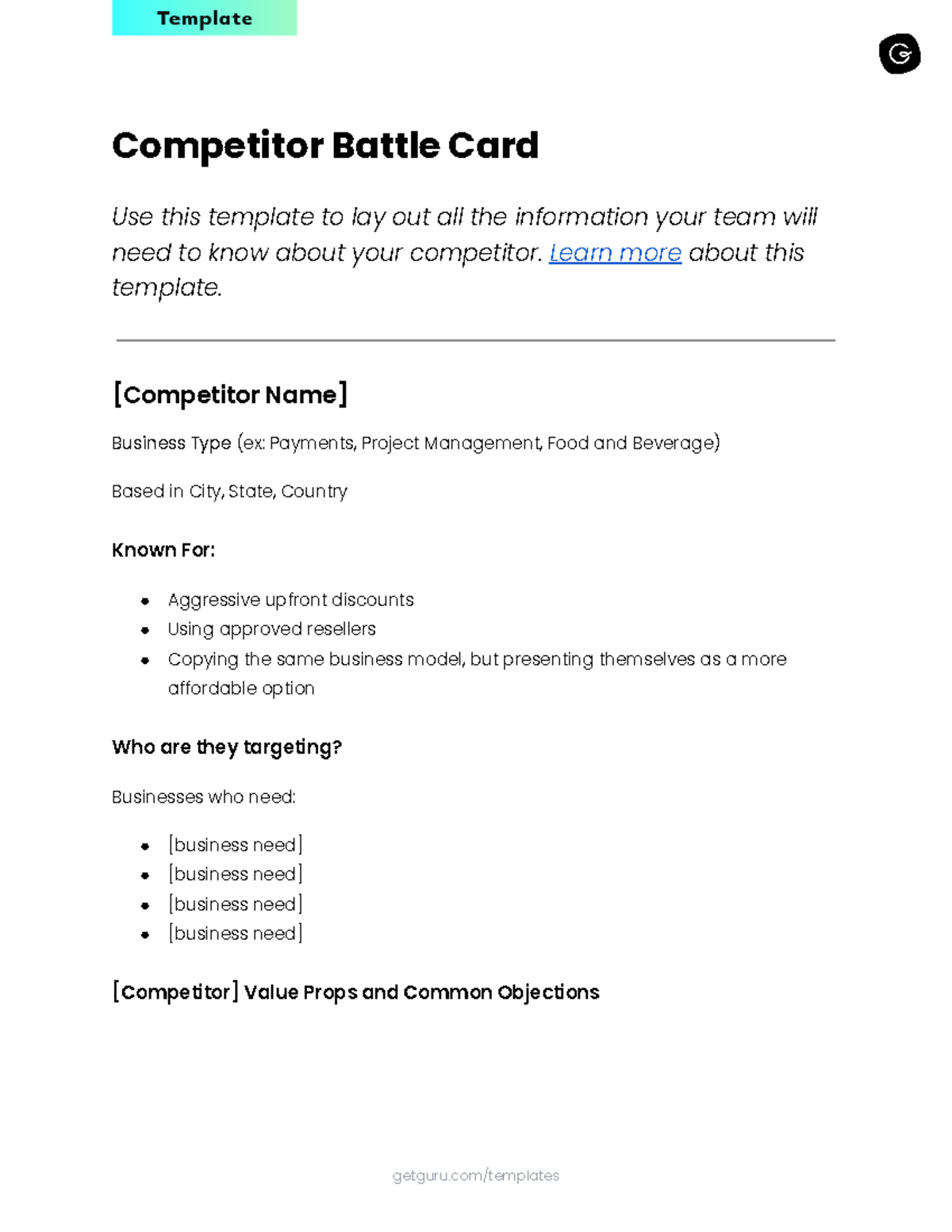 Template Competitor Battle Card - Competitor Battle Card Use this ...