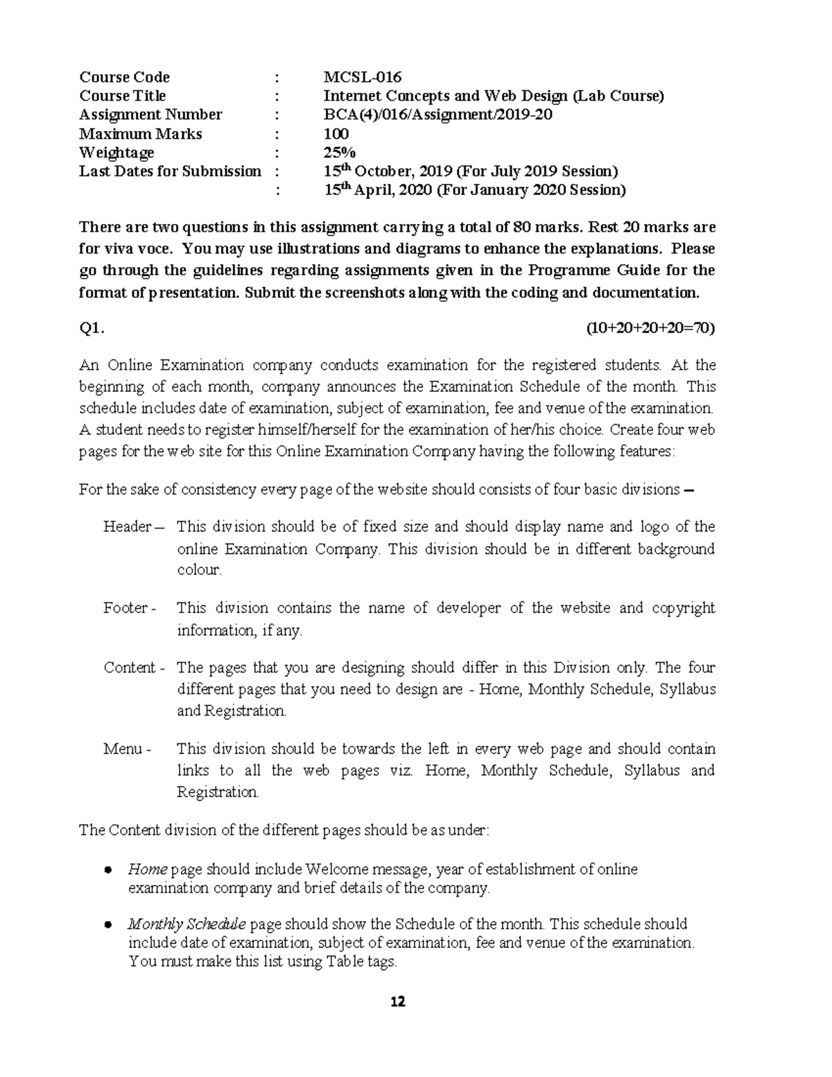 MCSL-16 - Assignment - Course Code : MCSL- Course Title : Internet Concepts and Web Design (Lab ...