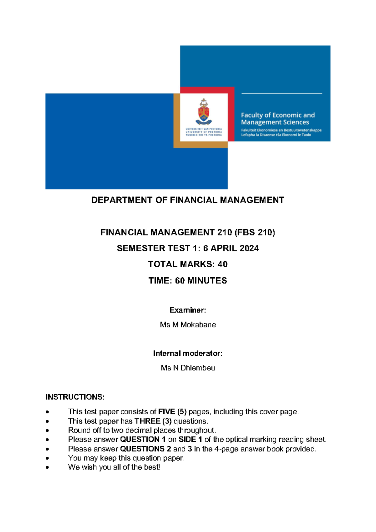 Semester test 1 2024 (Q&S) Final - DEPARTMENT OF FINANCIAL MANAGEMENT ...