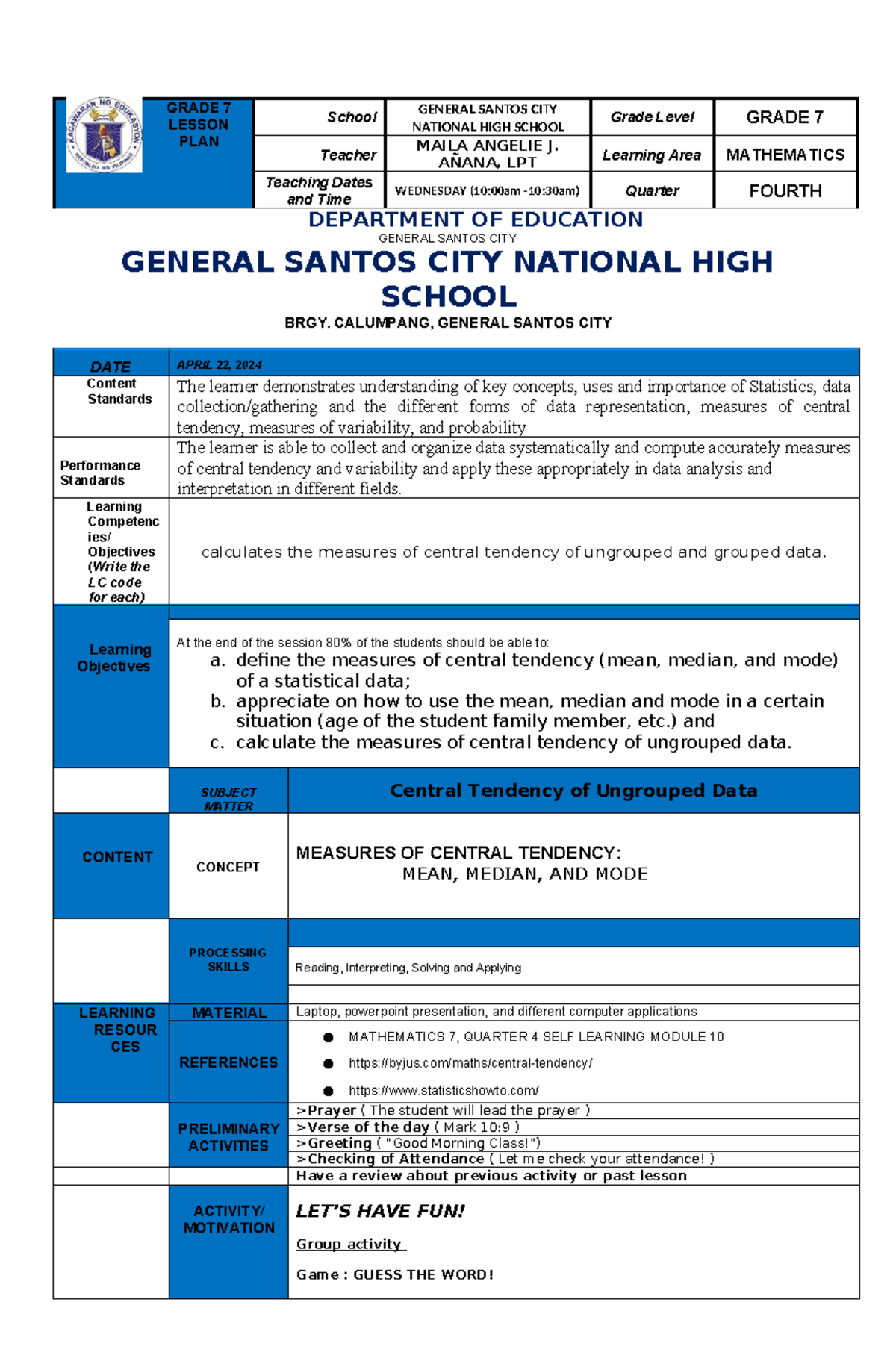 Lesson Plan 2024 - GRADE 7 LESSON PLAN School GENERAL SANTOS CITY ...