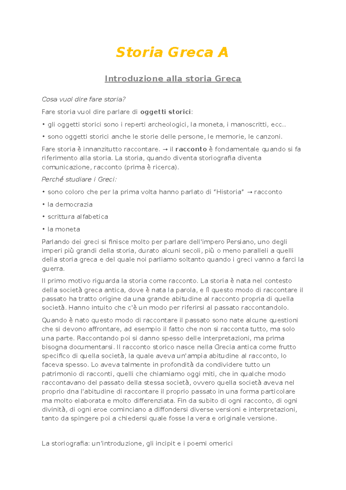 Appunti storia greca - ….. - Storia Greca A Introduzione alla storia Greca Cosa vuol dire fare ...