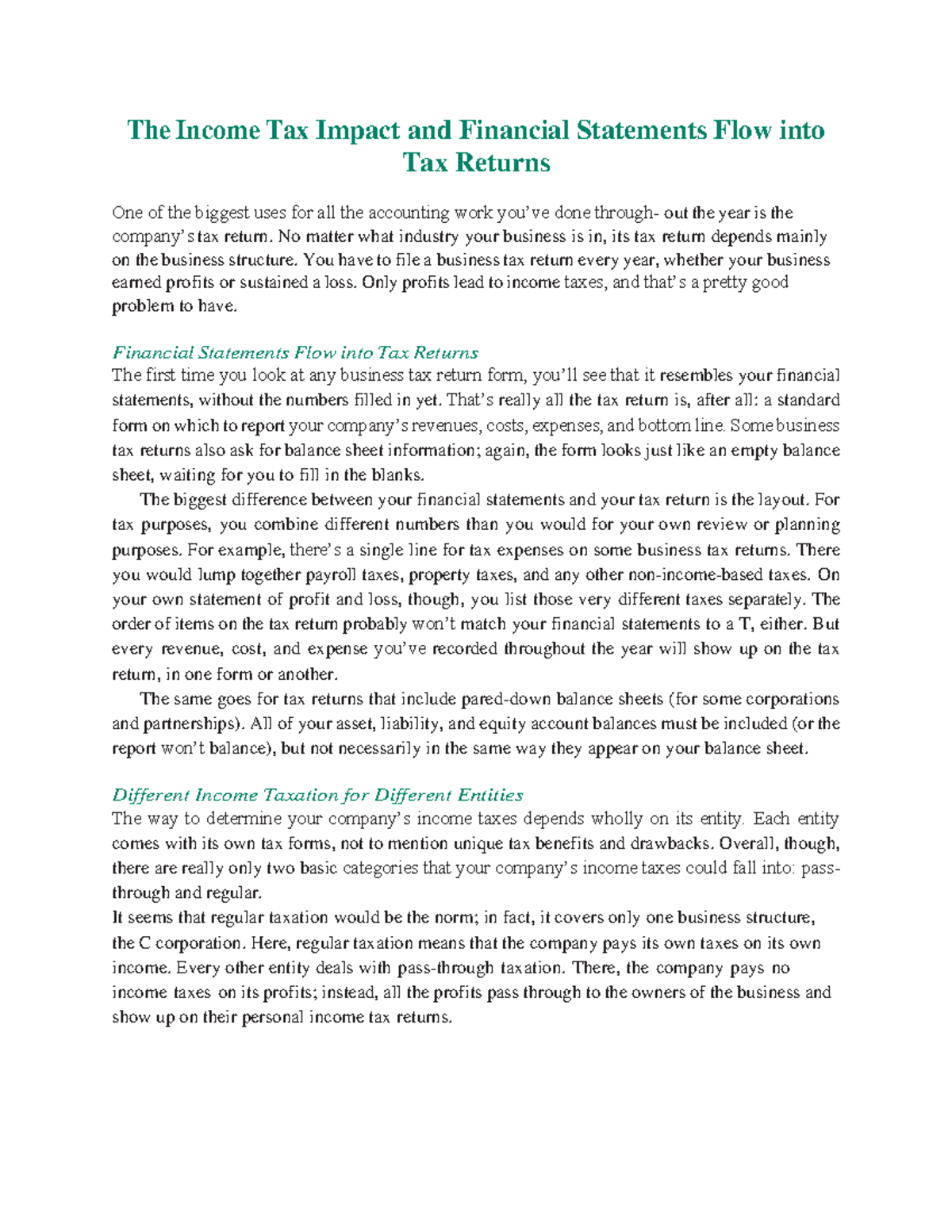 The Income Tax Impact and Financial Statements Flow into Tax Returns ...
