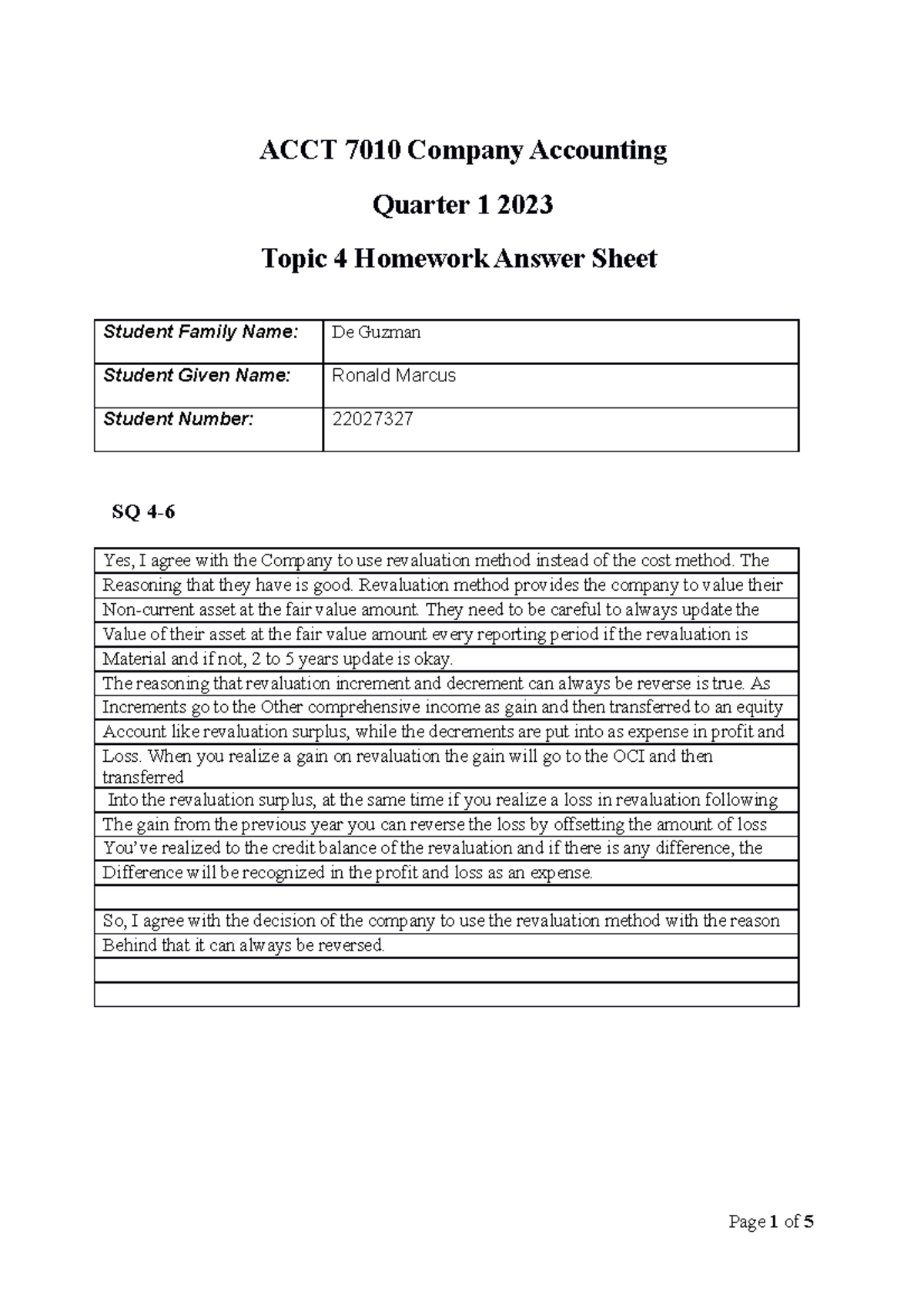 ACCT 7010 Company Accounting Week 3 HW Answer Sheet - ACCT 7010 Company ...