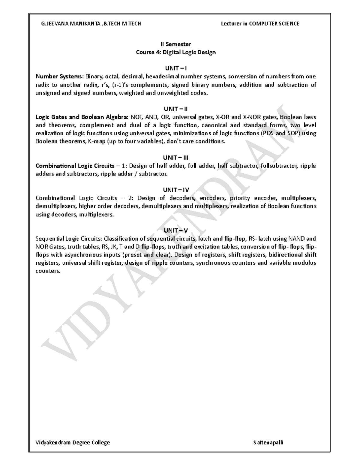 DLD UNIT 1 NEW - ####### II Semester ####### Course 4: Digital Logic ...