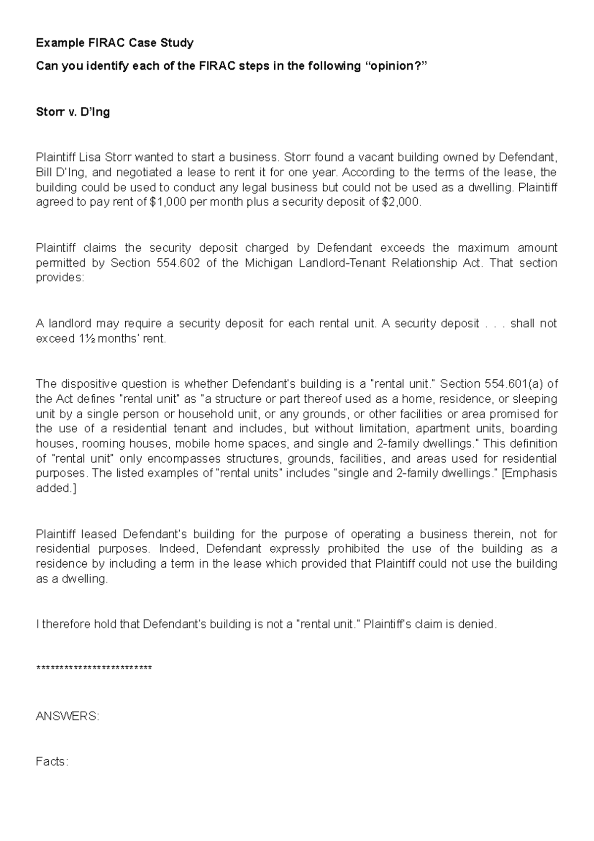 Example Firac Case Study - Example FIRAC Case Study Can you identify ...