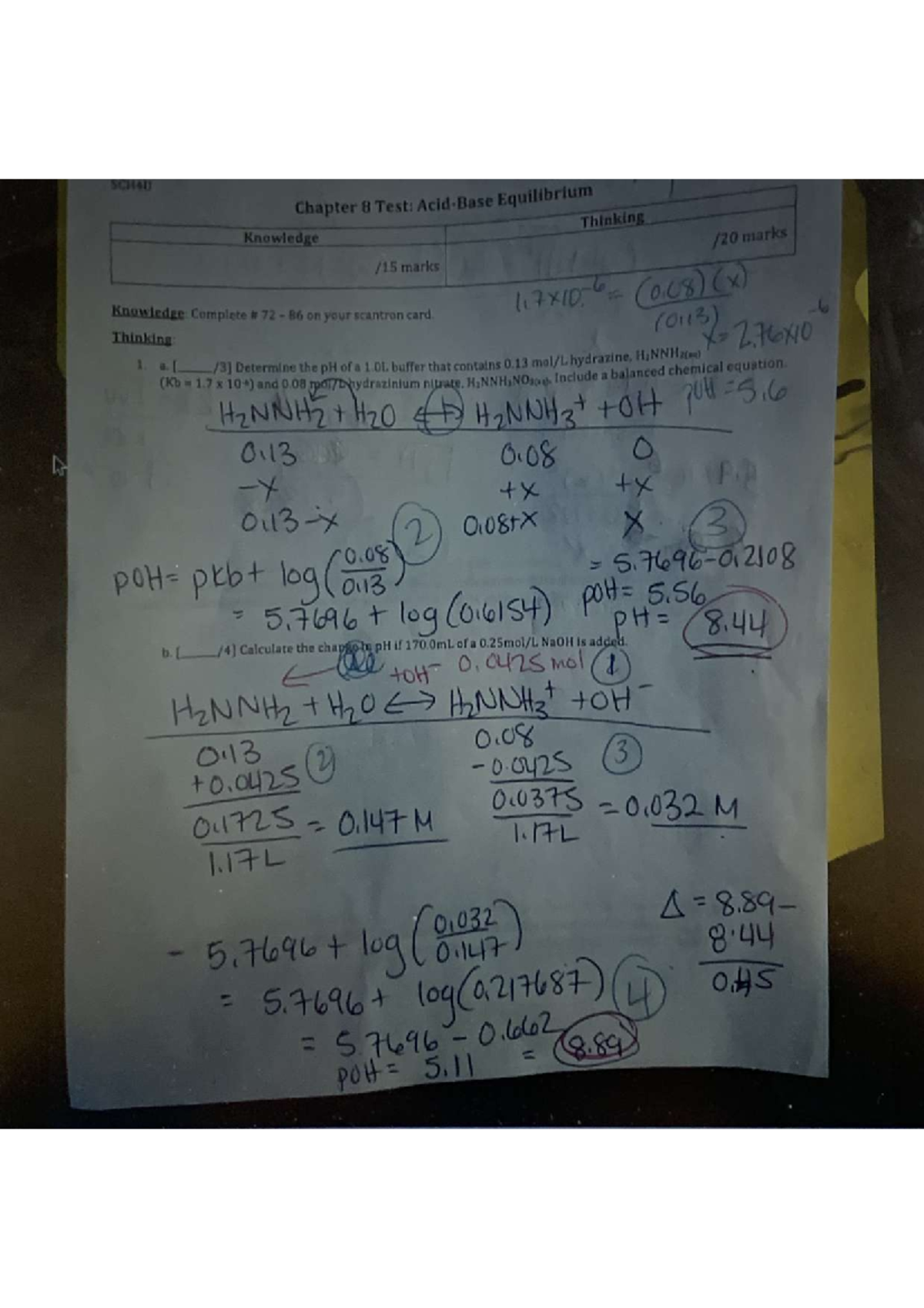 CHEM ACID BASE TEST 1 PAGE 1 - SCH4B Chapter 8 Test: . Equilibrium 1 ...